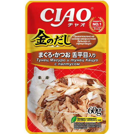 INABA Ciao Kinnodashi 12 шт по 60 г пауч для кошек тунец магуро и тунец кацуо с палтусом в желе