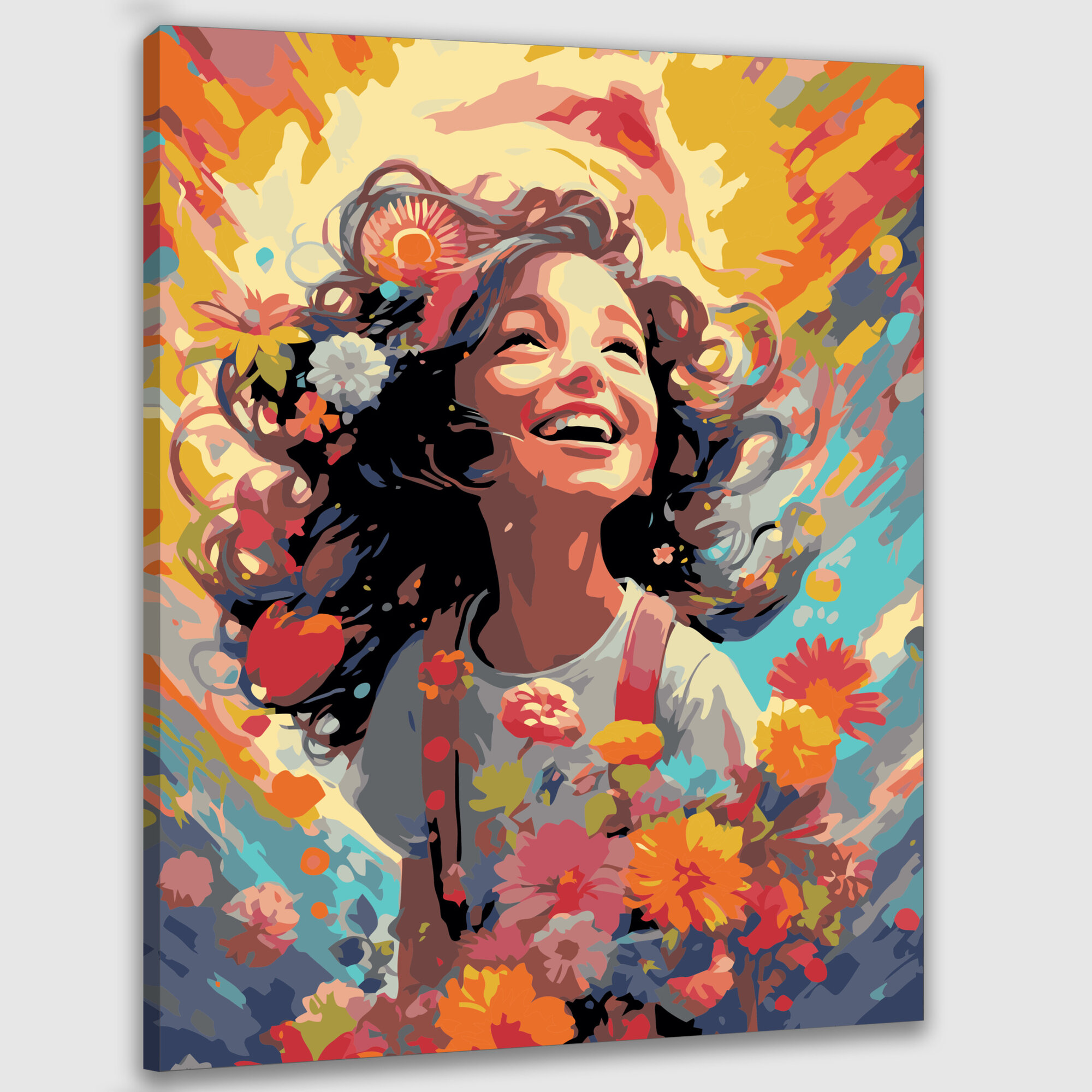 Картина по номерам 40x50 см, картина, искусство, смешанная техника, девушка, улыбка, волосы, цветы, рука, радуга, мазки