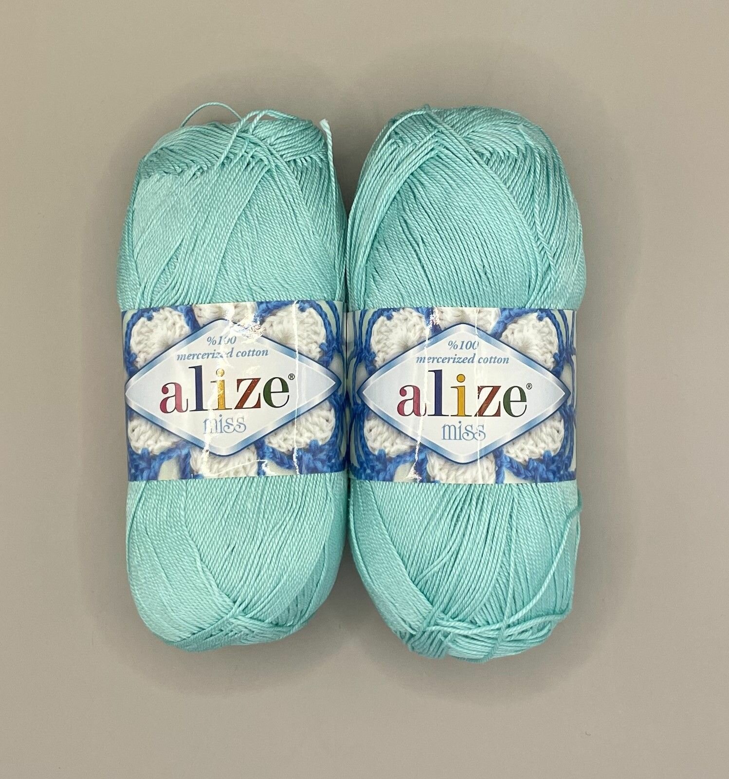Два мотка пряжи Alize Miss, №15-св. бирюзовый, 50гр.-280м,100%-хлопок мерсеризированный, уп.-2 мотка