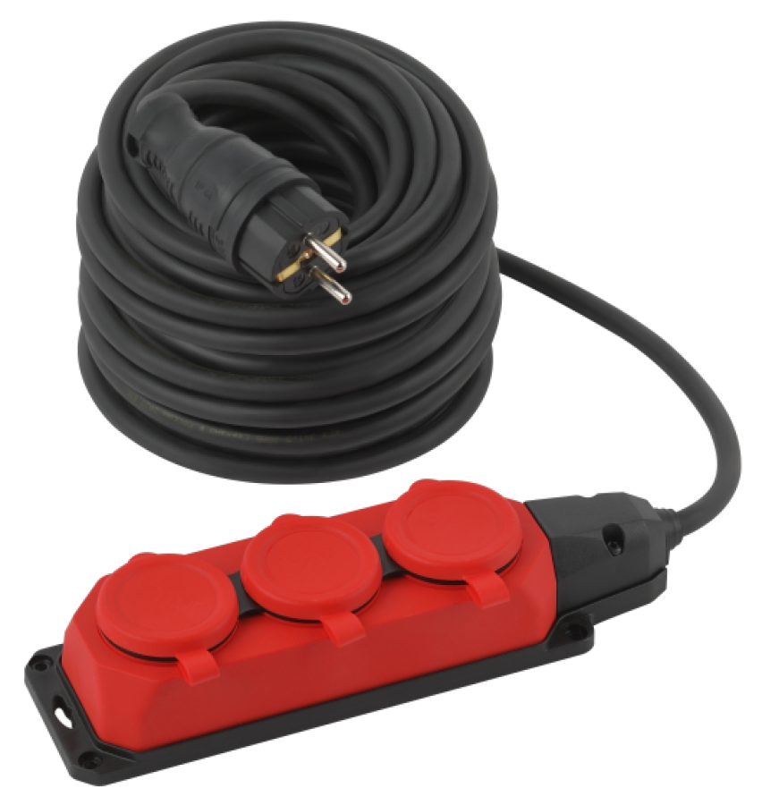 Удлинитель шнур силовой ЭРА UK-3e-3x1.5-30m-IP44(KG) с заземлением, провод КГ 3х1.5мм2 черный из каучука, 3 штепсельных гнезда 30м, Б0057582 / электрика