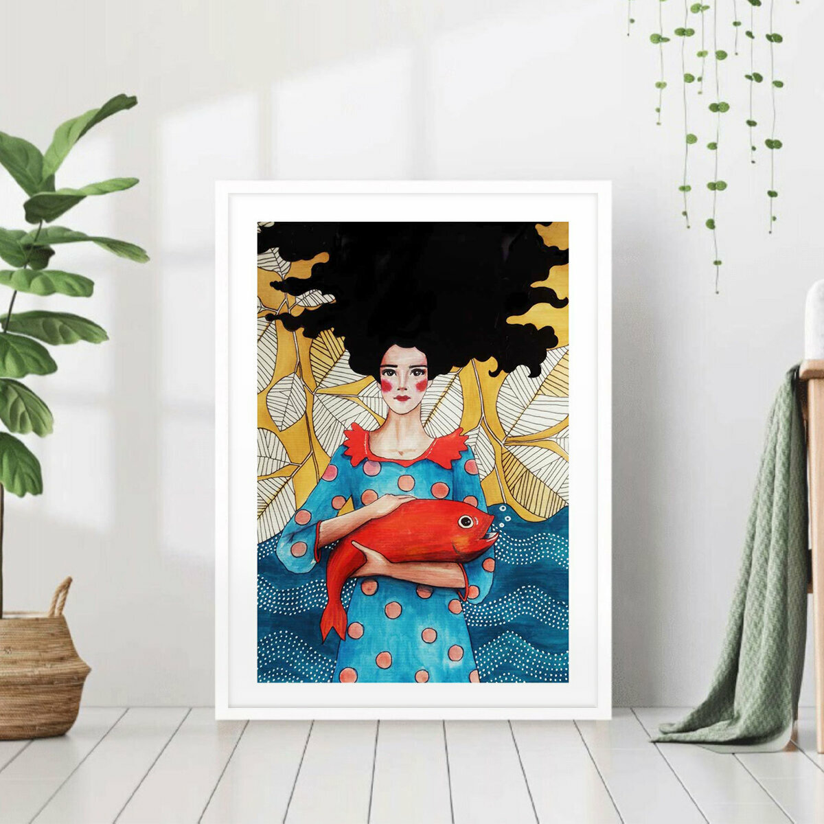 Постер "Девушка с рыбой" в белой рамке 40х50 см для интерьера на стену