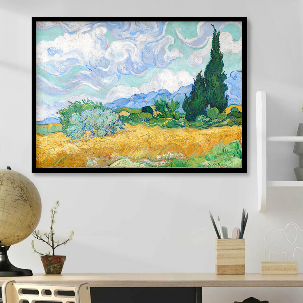 Постер " Репродукция Пшеничное поле с кипарисом Ван Гог" 40x50 в черной рамке для интерьера на стену