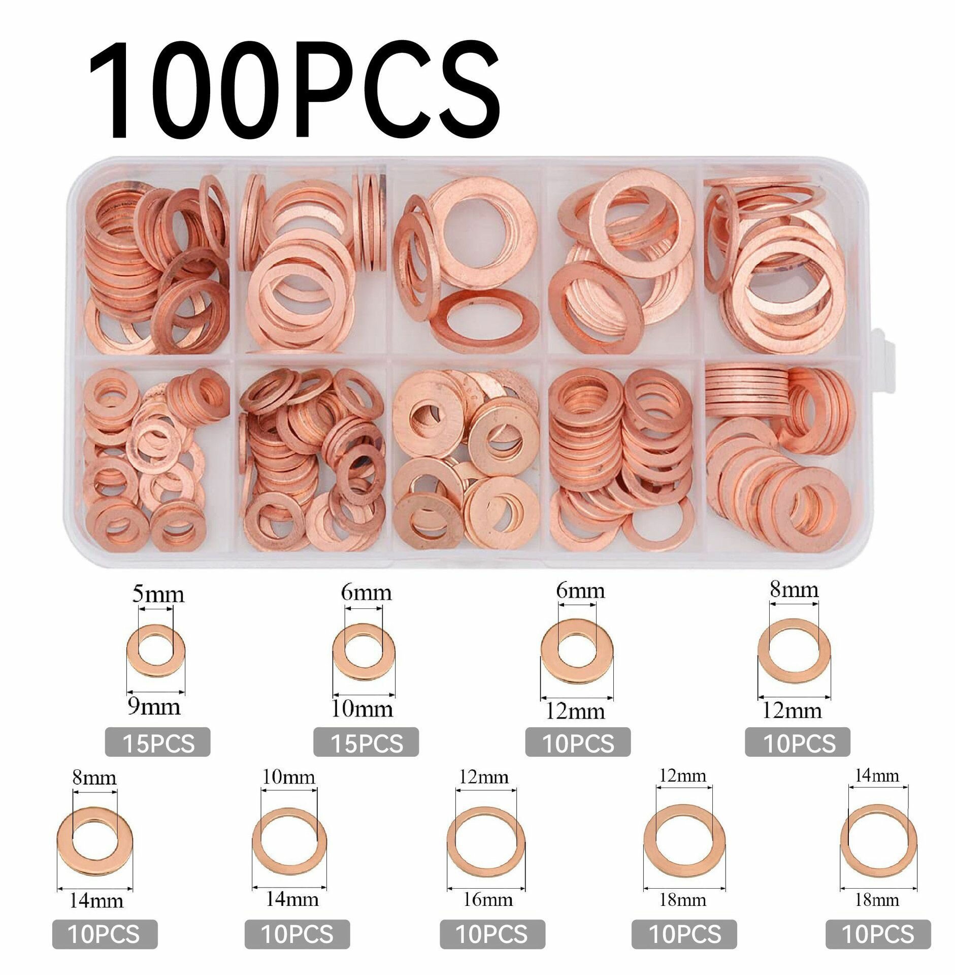 100шт. Медная шайба M5-M14 набор, Шайба Плоская, медные уплотнительные кольца