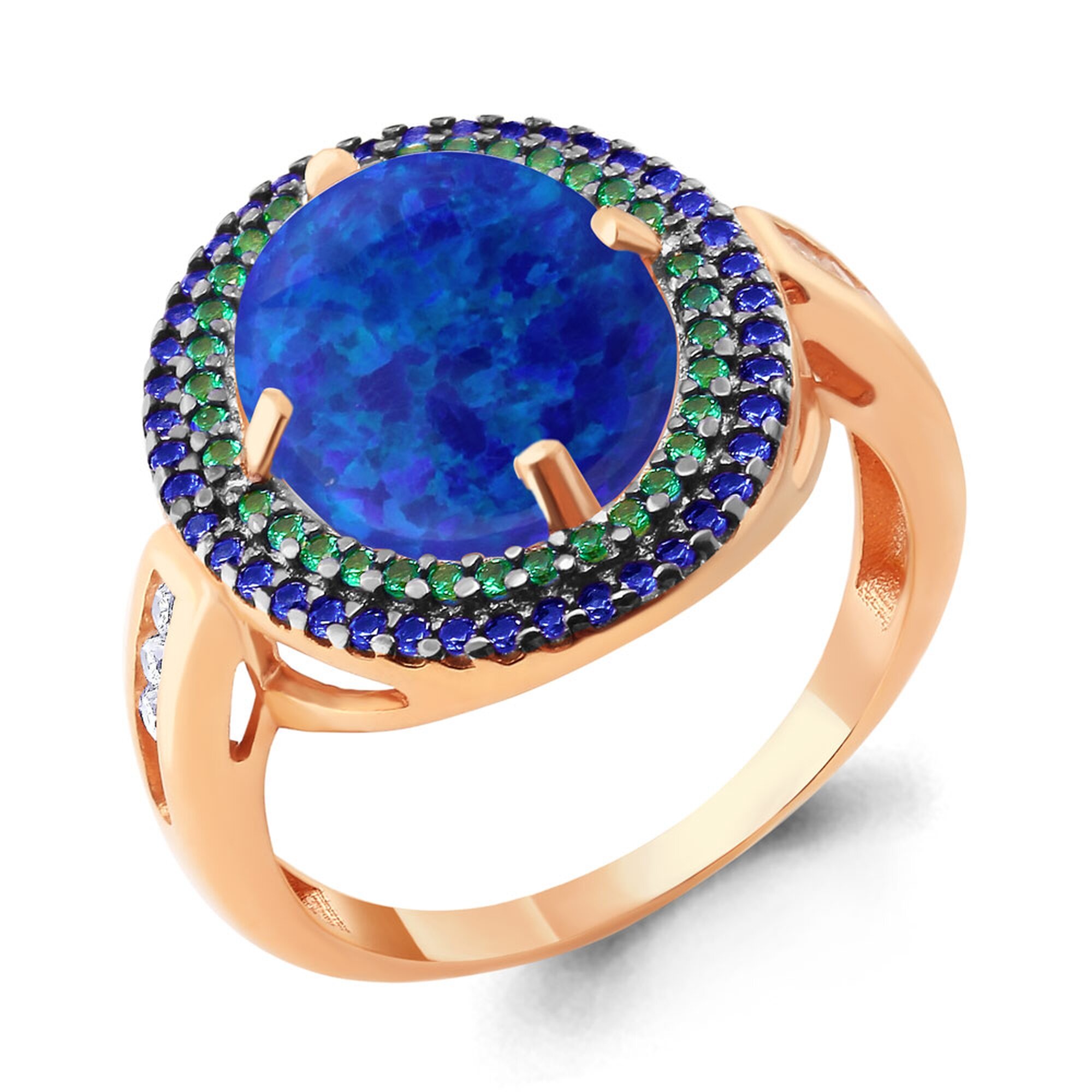 Кольцо, серебро, 925 проба, золочение, изумруд синтетический, опал, фианит, сапфир синтетический