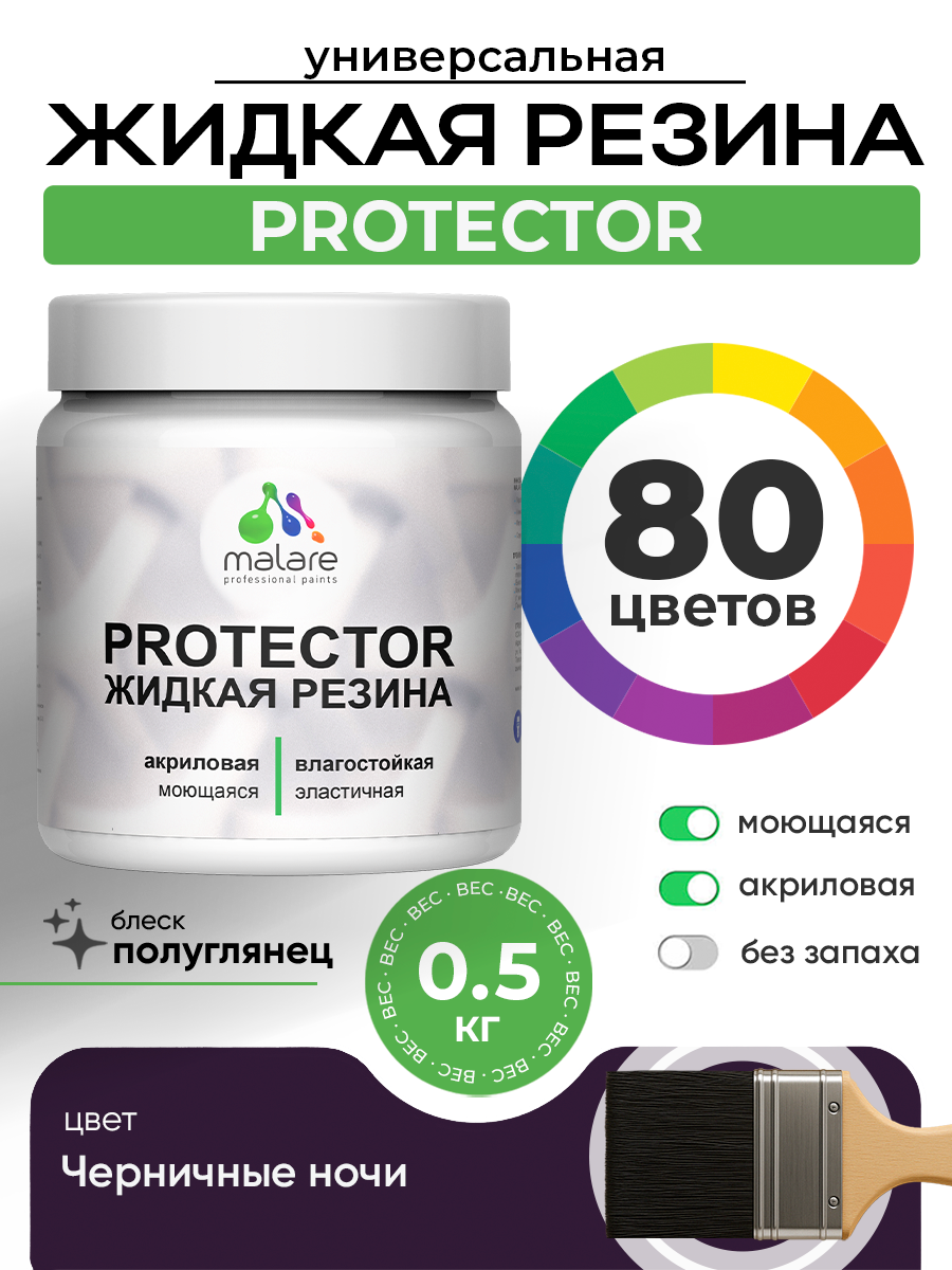 Жидкая резина Malare PROTECTOR, эластичная резиновая краска для внутренних и наружных работ, универсальная для дерева, бетона, металла, быстросохнущая, влагостойкая, полуглянцевая, черничные ночи, 0.5 кг.