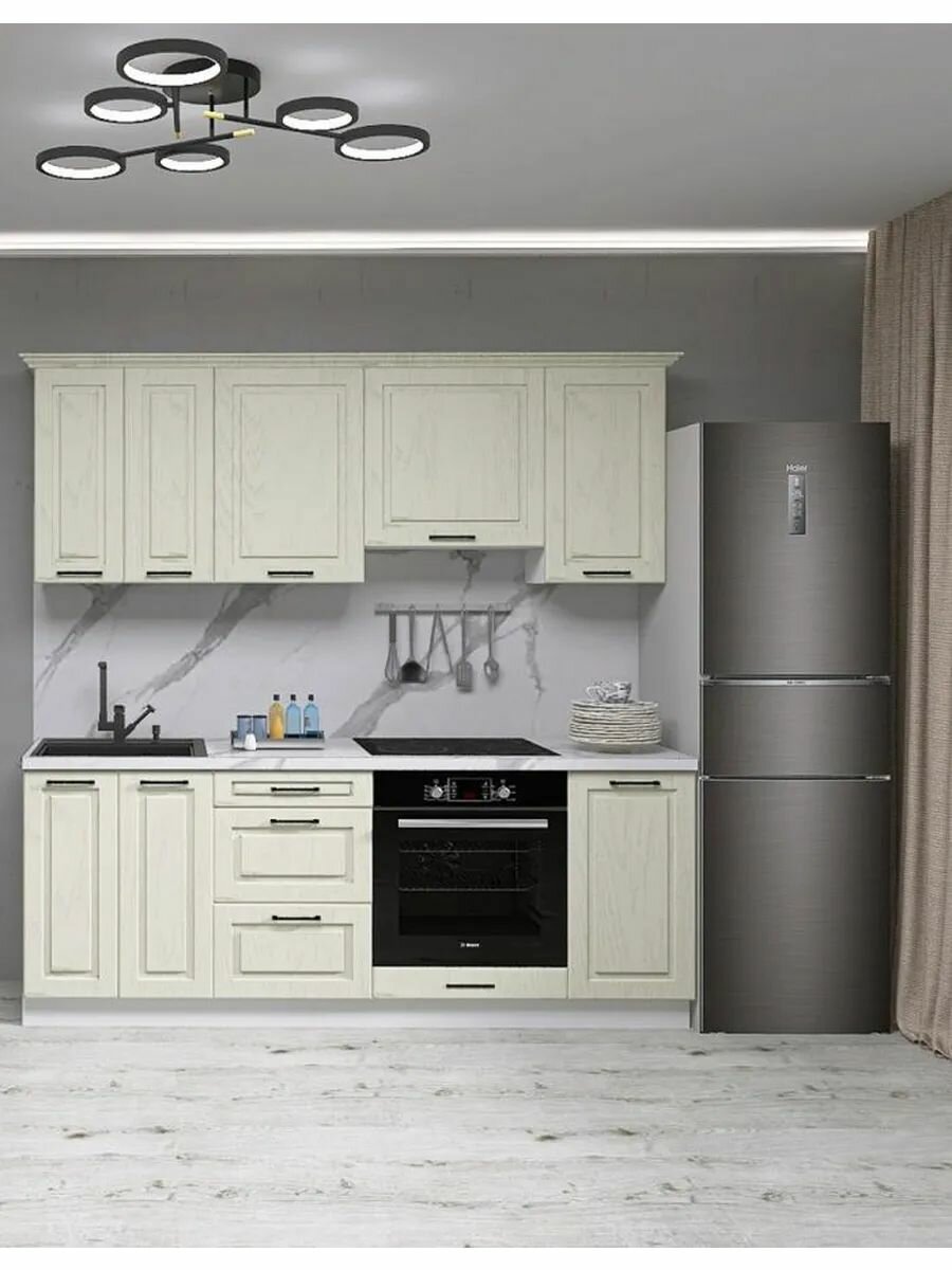 Кухонный гарнитур Шервуд 2.1 м, мебель для дома и кухни, Белый / Дуб кремовый матовый