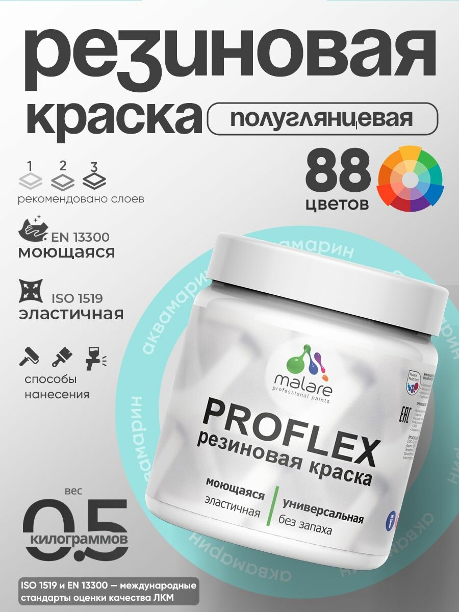 Краска резиновая Malare ProfleX жидкая резина для наружных и внутренних работ, быстросохнущая моющаяся, полуглянцевая, аквамарин, 0.5 кг