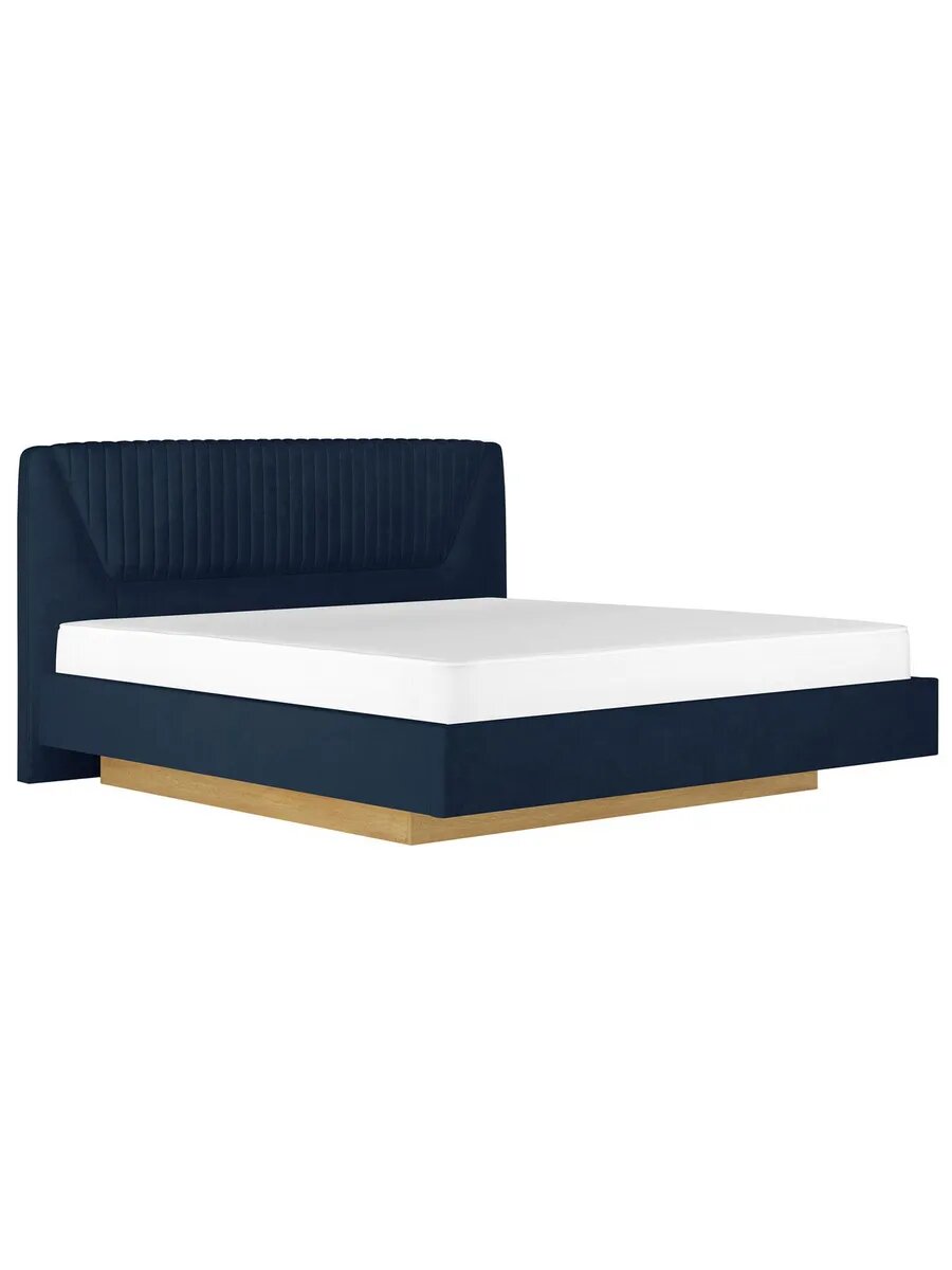 Кровать двуспальная Вега Сапфир 140х200 см, с подъемным механизмом, с анатомическим основанием, с мягким изголовьем, Дуб Золотистый / Темно-синий, микровелюр