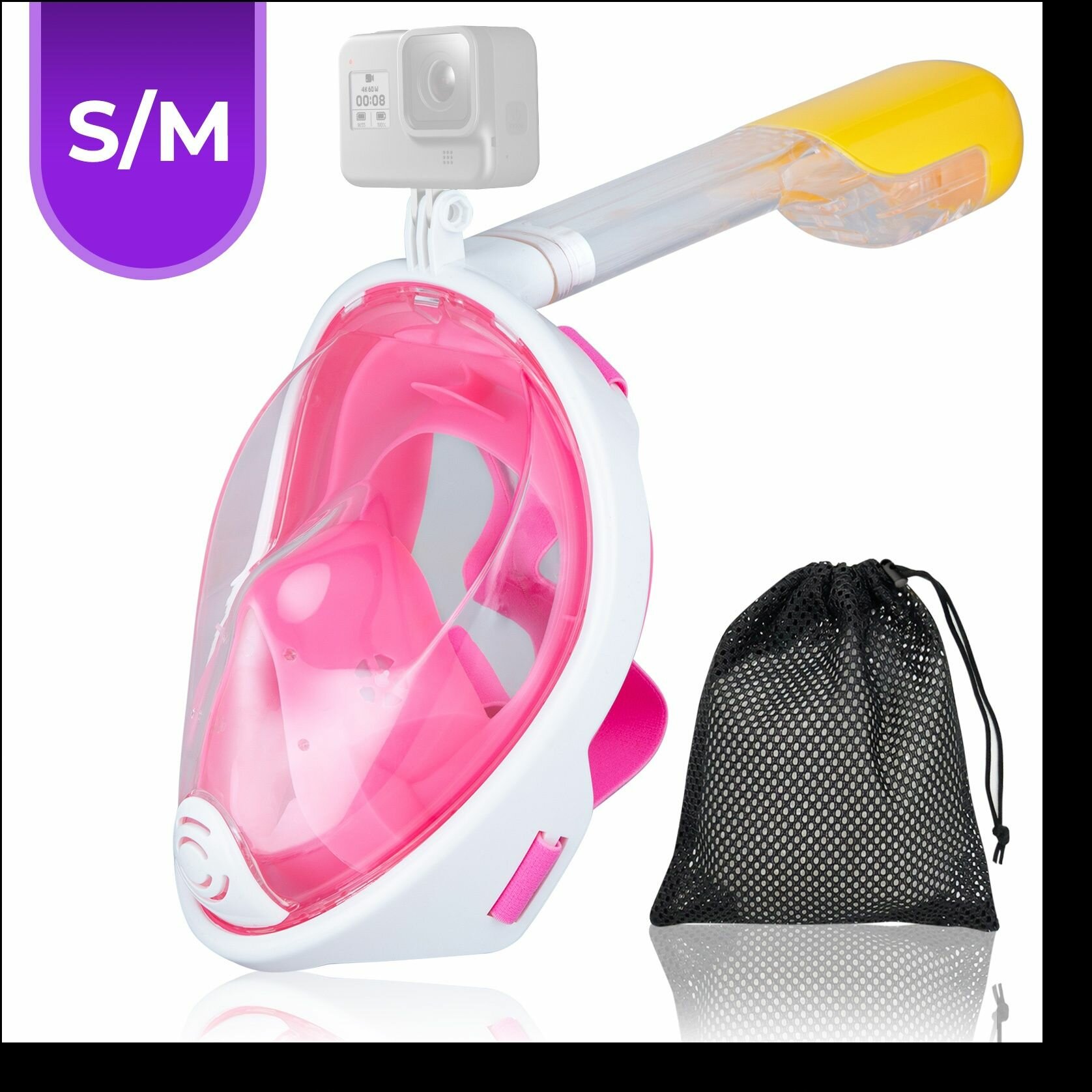 Подводная маска для плавания Goodly, полнолицевая маска для снорклинга с креплением для экшн-камеры, размер S/M, розовый