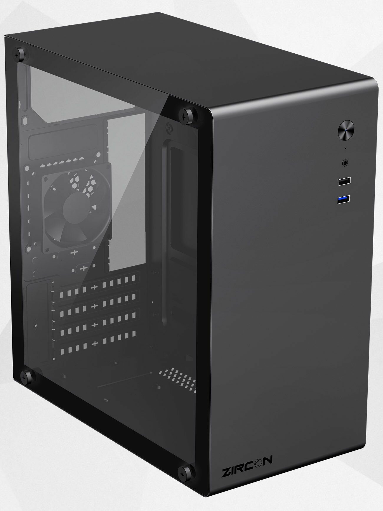 Корпус для ПК Zircon Mozart BK без БП (Черный Midi-Tower Micro-ATX Mini-ITX CPU 140мм VGA 300мм Закаленное стекло 1*USB3.0, 1*USB2.0, 1*92мм)