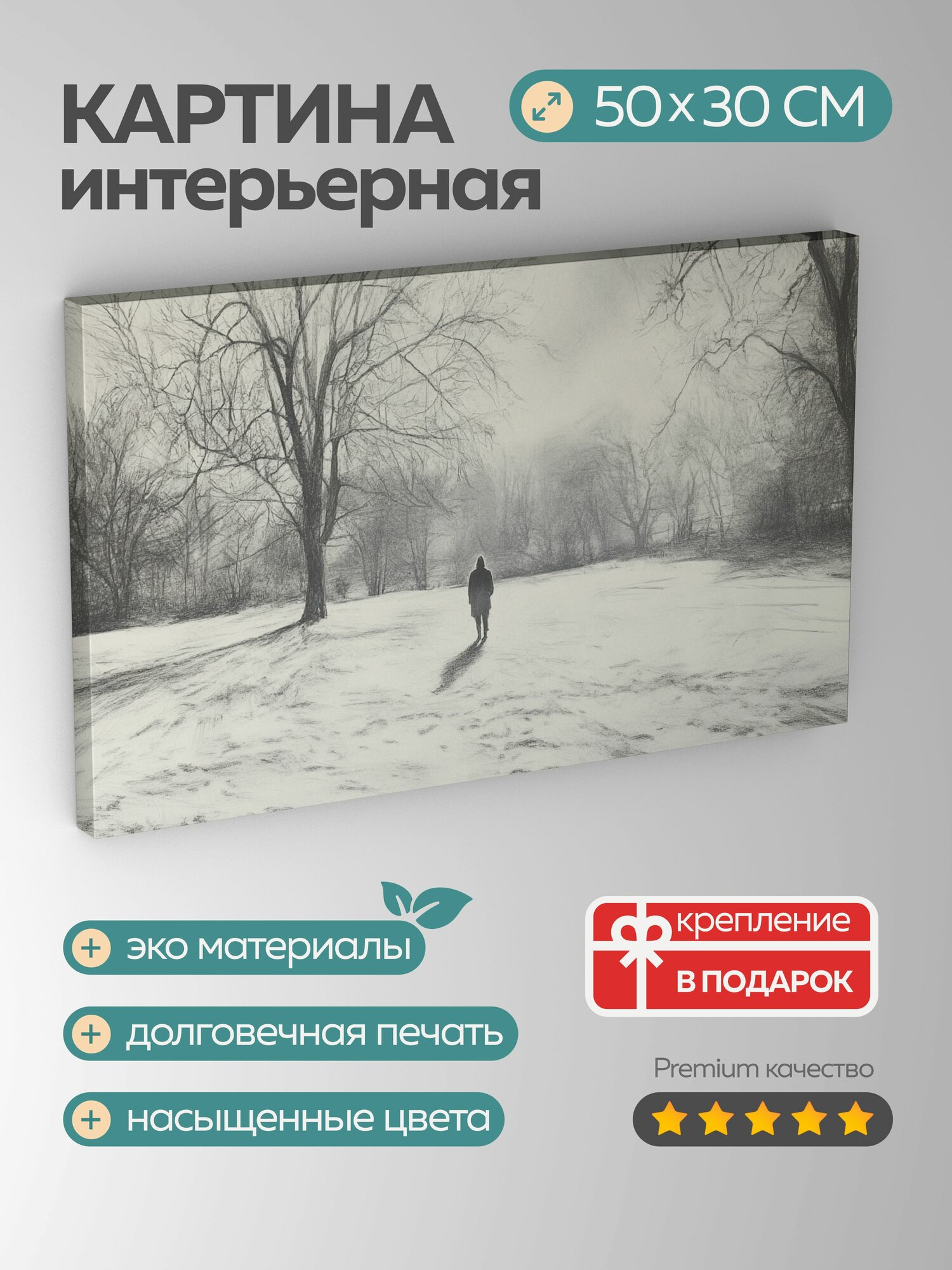 Картина на холсте интерьерная 50х30 см, картина, уголь, одинокая фигура, иней, луг, утро, свет, тень, покой