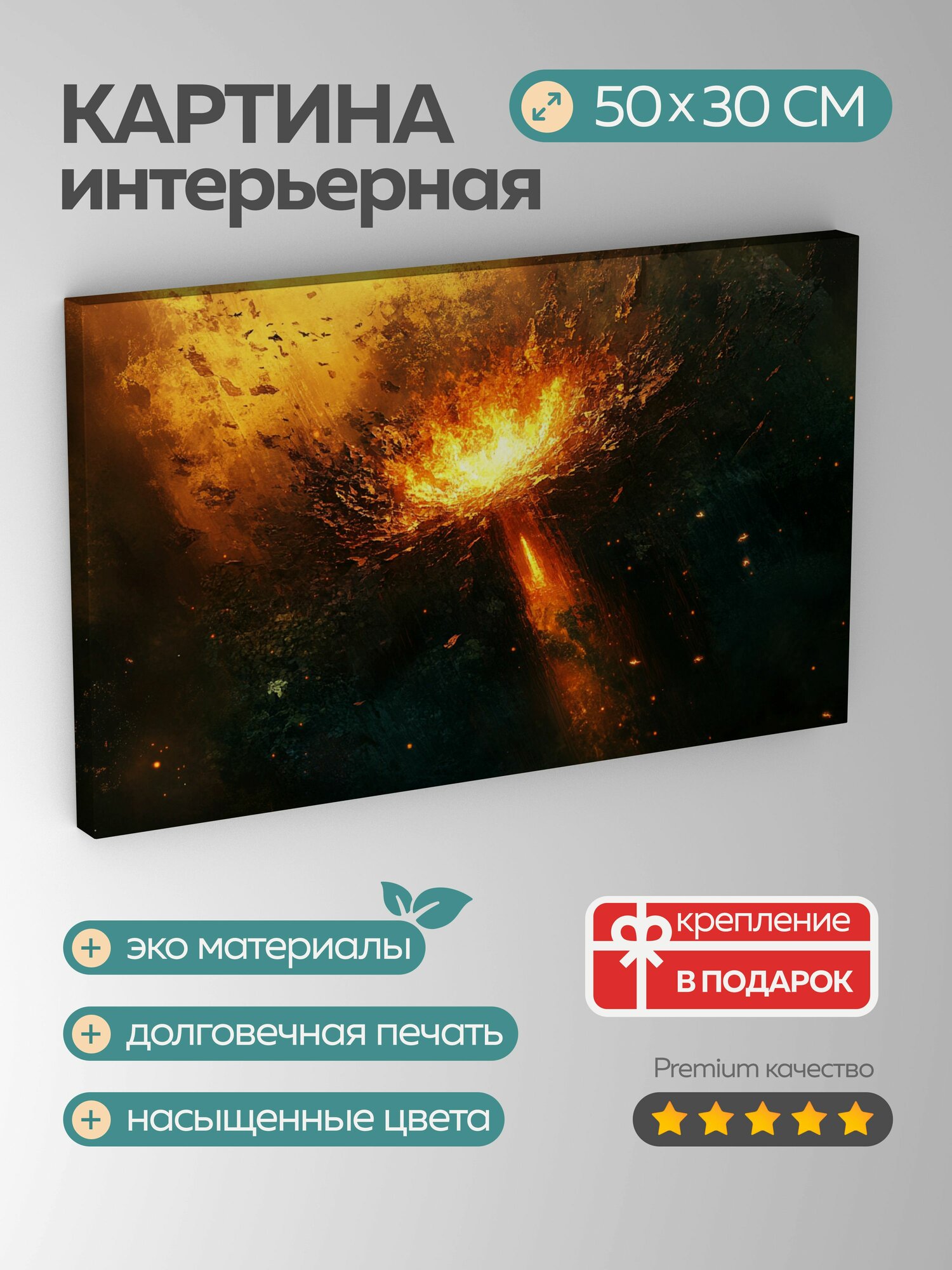 Картина на холсте интерьерная 50х30 см, костер, пламя, тепло, энергия, свет, тени, отблески, вдохновение, огонь