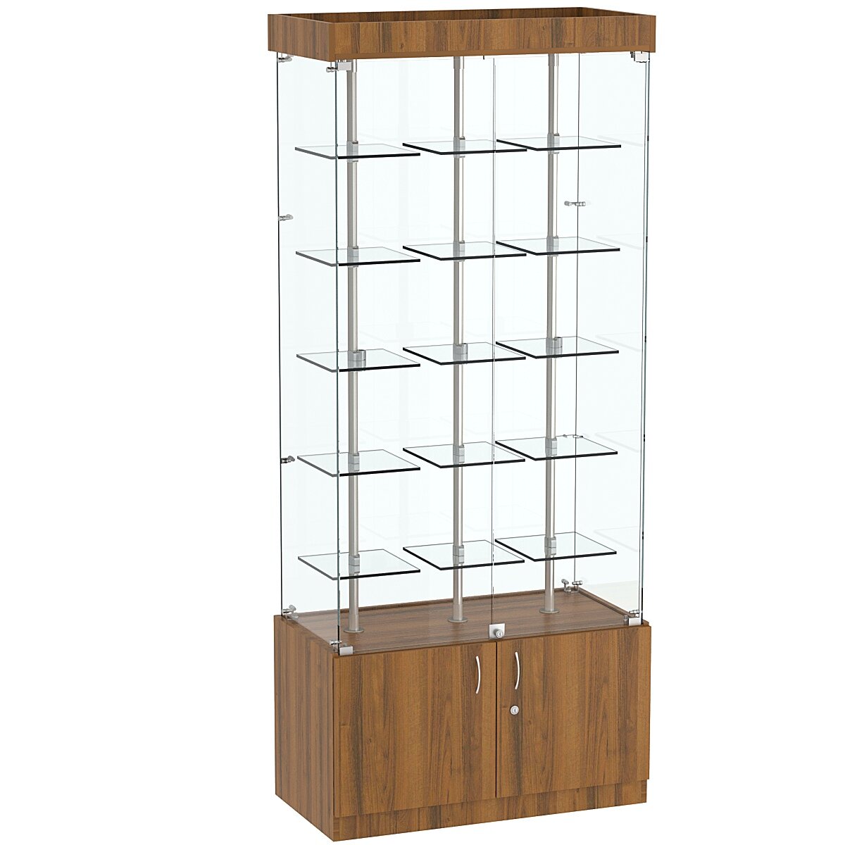 Стеклянная торговая витрина широкая с верхней подсветкой и маленькими прозрачными полками Фрактал №1-1, Орех