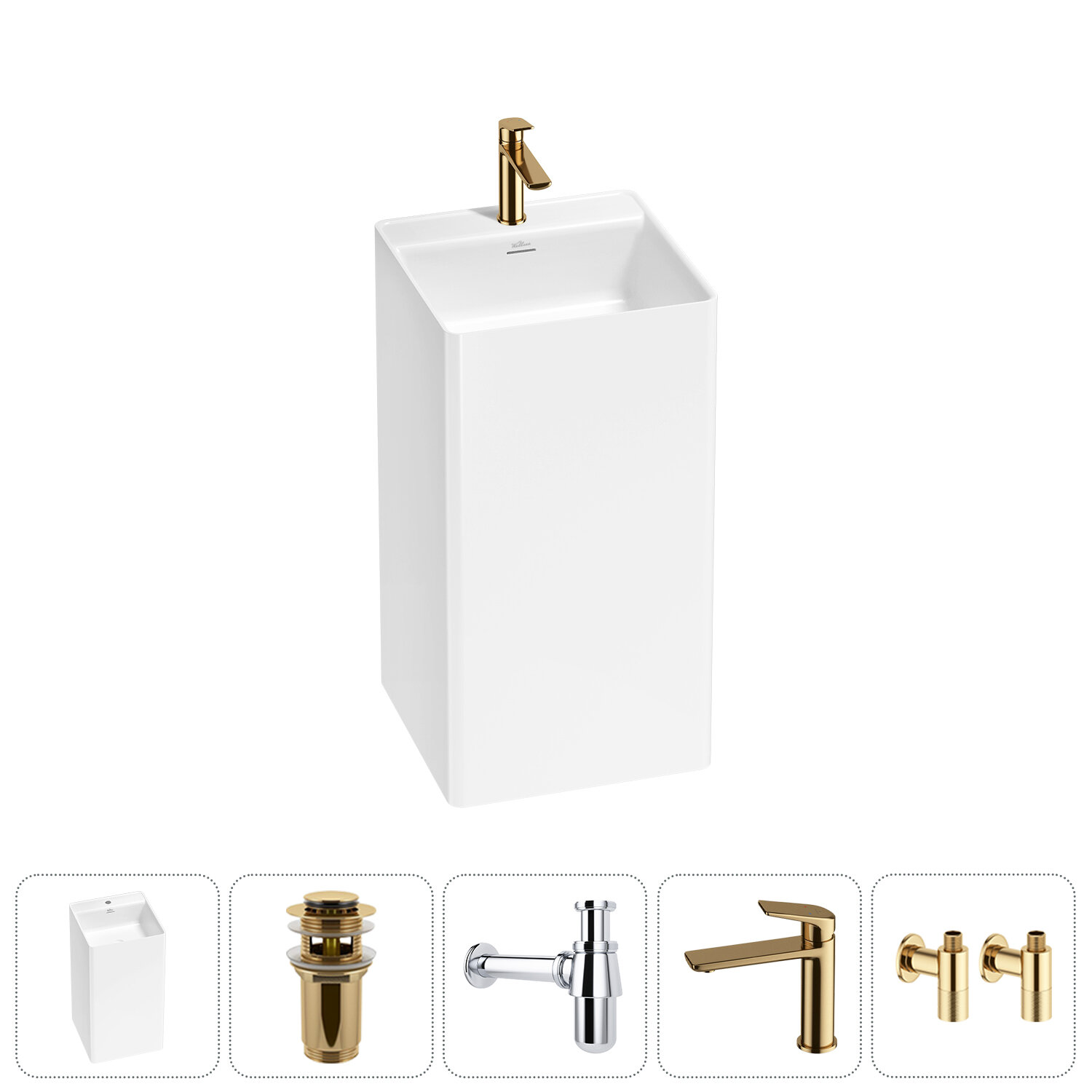 Квадратная напольная раковина для ванной Wellsee Pure BY Wellsee 20213264R в наборе 5 в 1: напольная отдельностоящая раковина моноблок в цвете белый глянец, донный клапан, сифон, смеситель, вентили 2 шт (цвет золото)