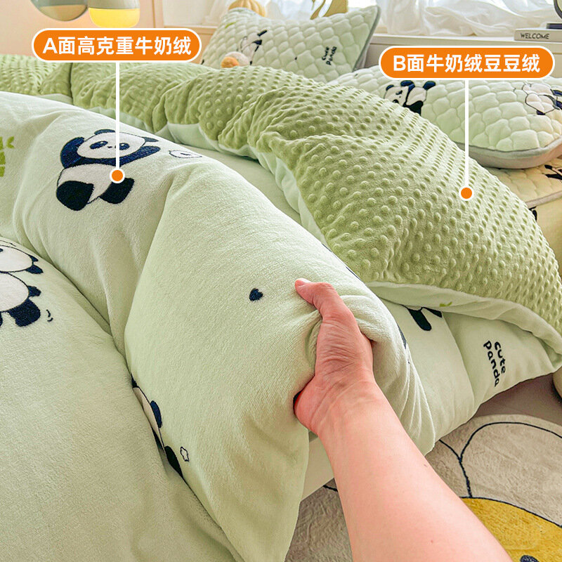 Бархатный комплект из четырех предметов с рисунком "молочный бархат в горошек", плотная двусторонняя бархатная простыня, пододеяльник, зимняя фланель, оптовая продажа, категория а-цветок панды, 1,8 м, комплект из четырех простыней [пододеяльник 200x230]