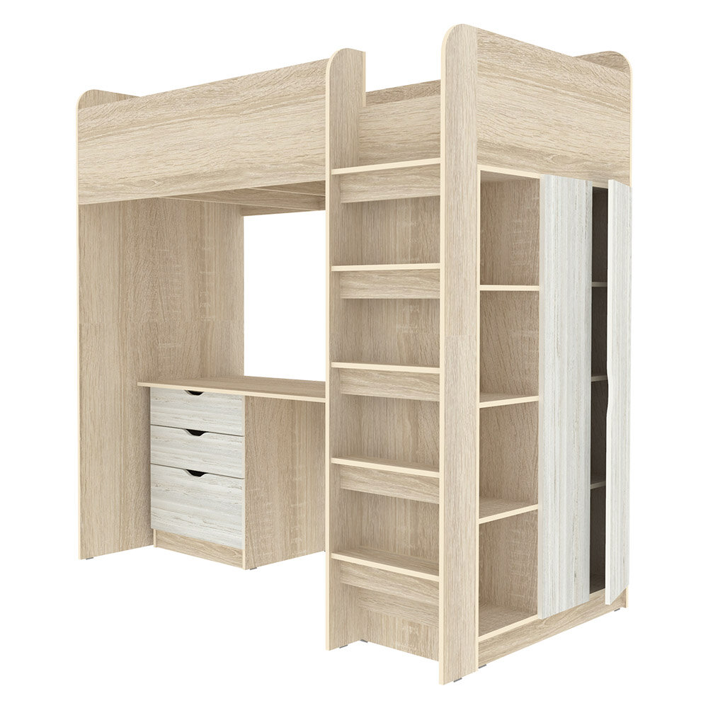 Кровать-чердак Polini Simple с письменным столом и шкафом Дуб Сонома Винтерберг