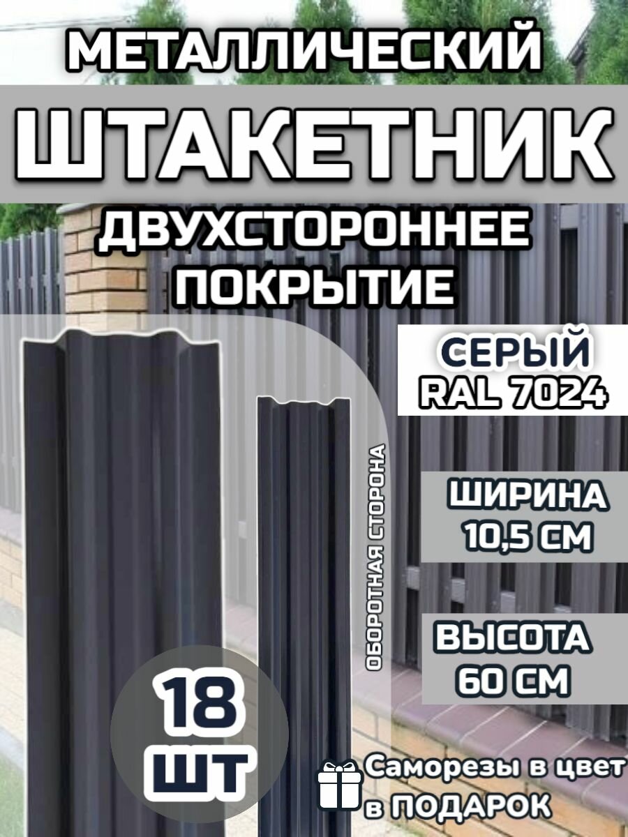Штакетник металлический (штакет, евроштакет) 18 штук (крепеж в комплекте) Двухсторонний окрас, цвет RAL 7024 Серый, высота 0.6 м, ширина планки 105мм)Забор