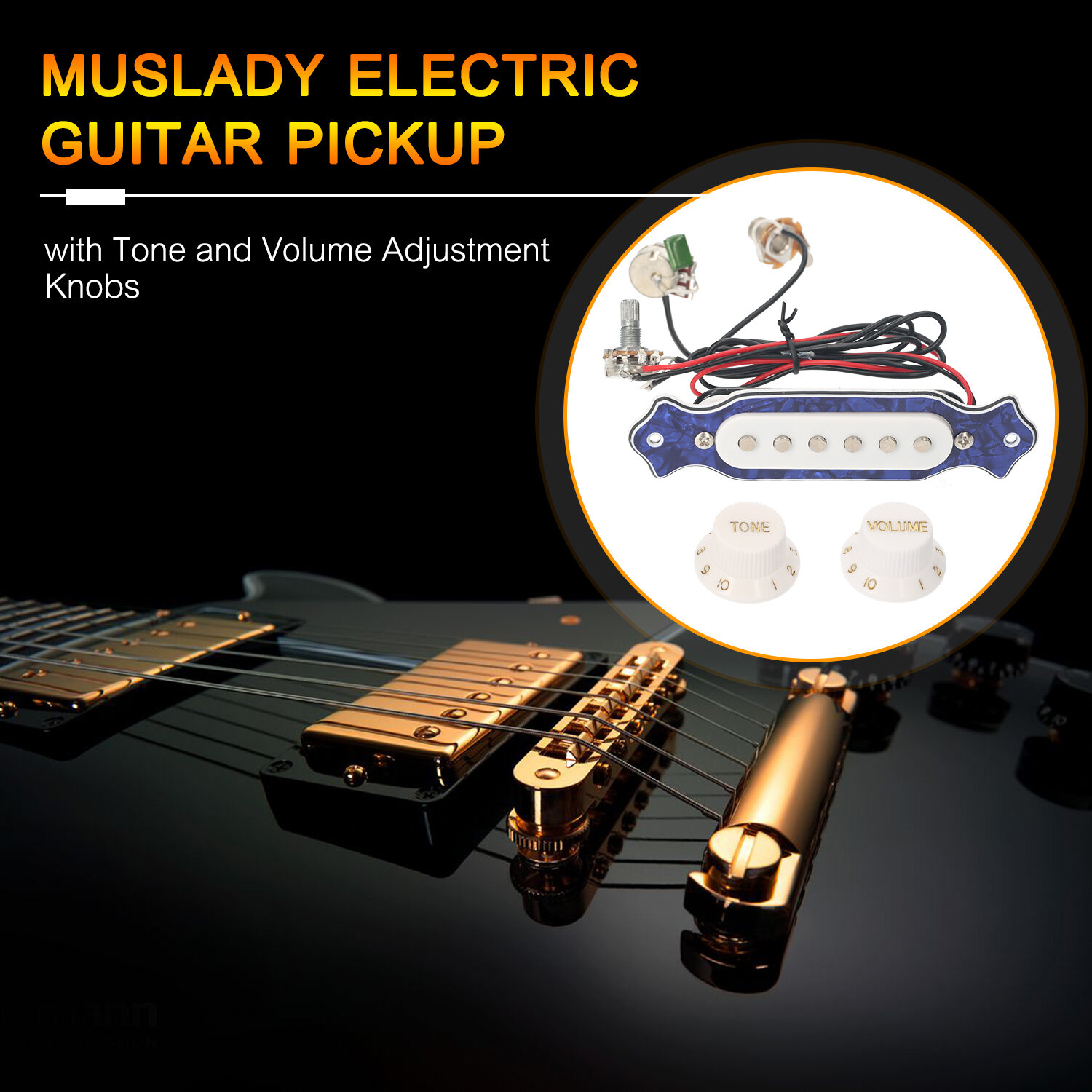 Звукосниматель для электрогитары. Готовый к установке комплект звукоснимателей для гитары с гнездом 6,35 мм и ручками регулировки громкости и тембра.