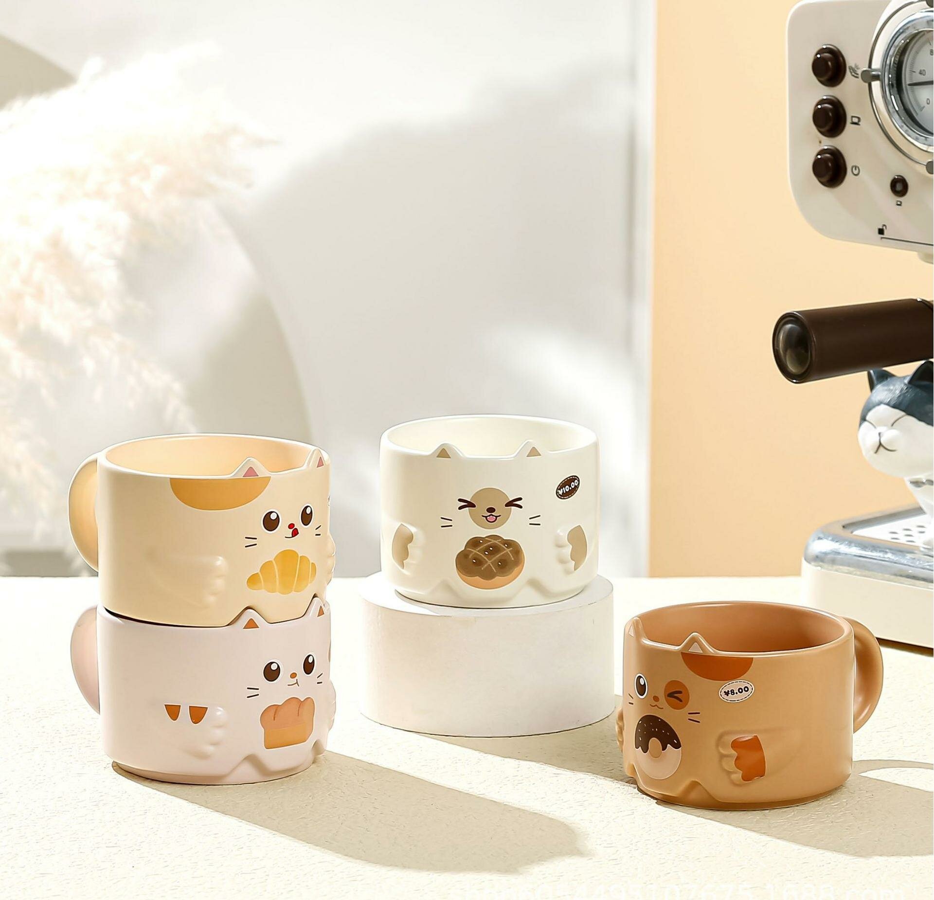 Кружка с котом, мультяшная керамическая чашка для укладки, 4 шт