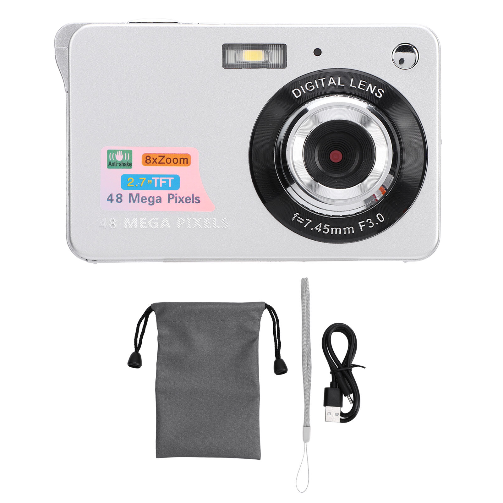 Цифровая фотокамера с подсветкой, 2,7-дюймовым TFT LCD экраном, системой стабилизации изображения, разрешением 48 МП, аккумулятором 550 мАч, автофокусом и 8-кратным зумом. Идеально подходит для подарка.