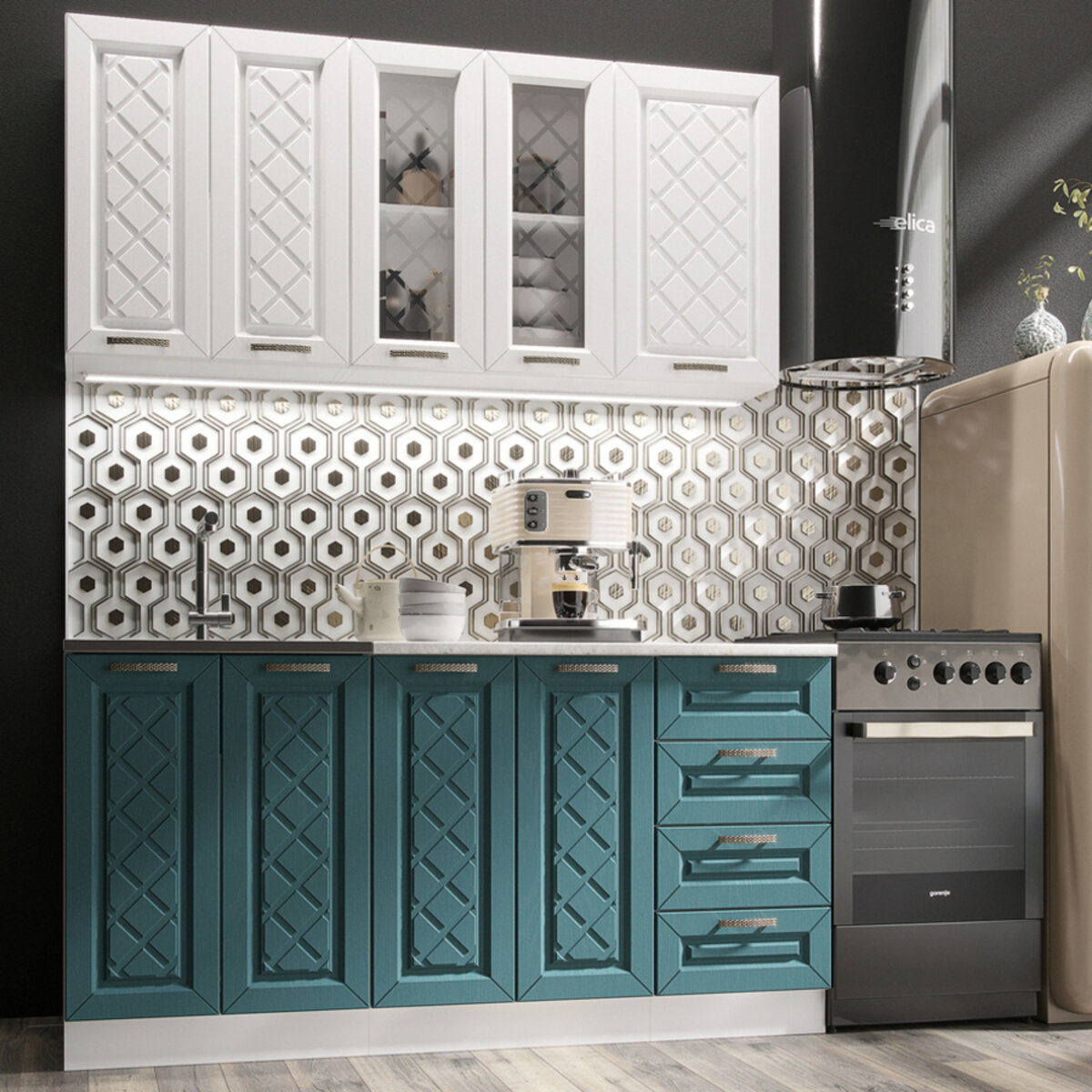 Кухонный гарнитур, кухня, готовый комплект Агава 1,6 м Акация белая/Моренга со столешницей под врезную мойку