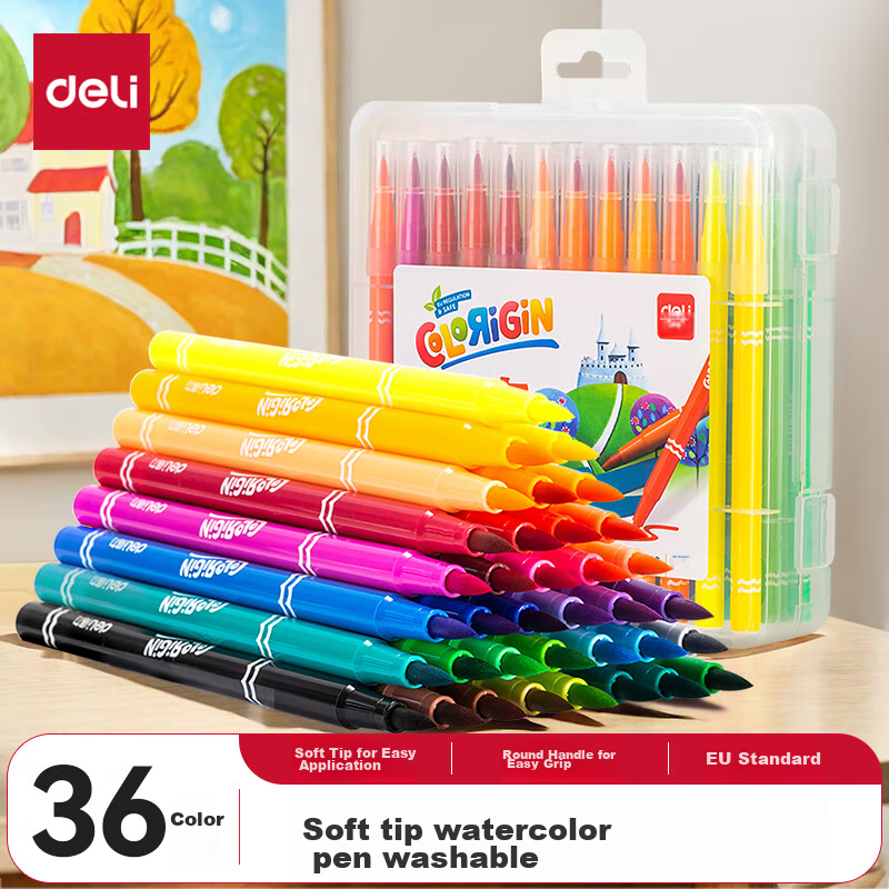 Deli 36-Color Soft-Tip Watercolor Pens, Outlining Pens, Marking Pens, Fine Water-Based Pens, Multi-Color Pens, Marking Pens for Students, Design And Drawing Set, Sketching Pens, Children's Day Gift for Girls