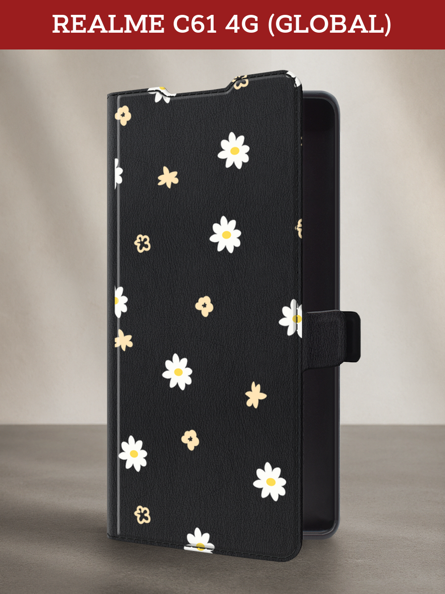 Чехол-книжка на Realme C61 4G (Global) / Реалми С61 4G с принтом Паттерн из ромашек рисунок, черный