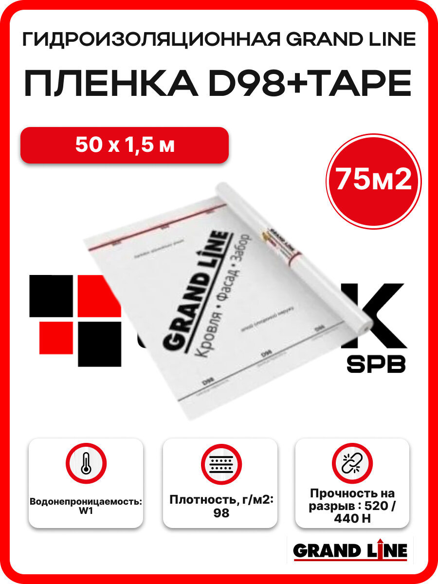Гидроизоляционная плёнка Grand Line D98 + TAPE, 75 м², 98 г/м²