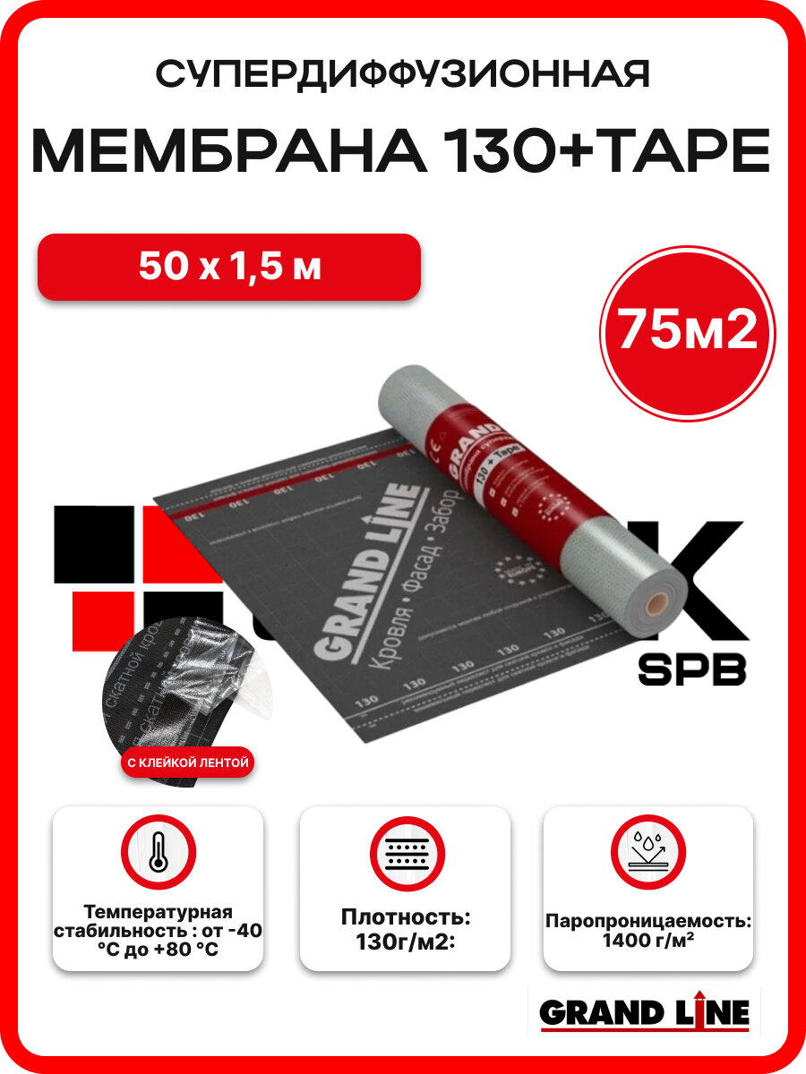 Мембрана супердиффузионная Grand Line 130 + TAPE с клейкой лентой