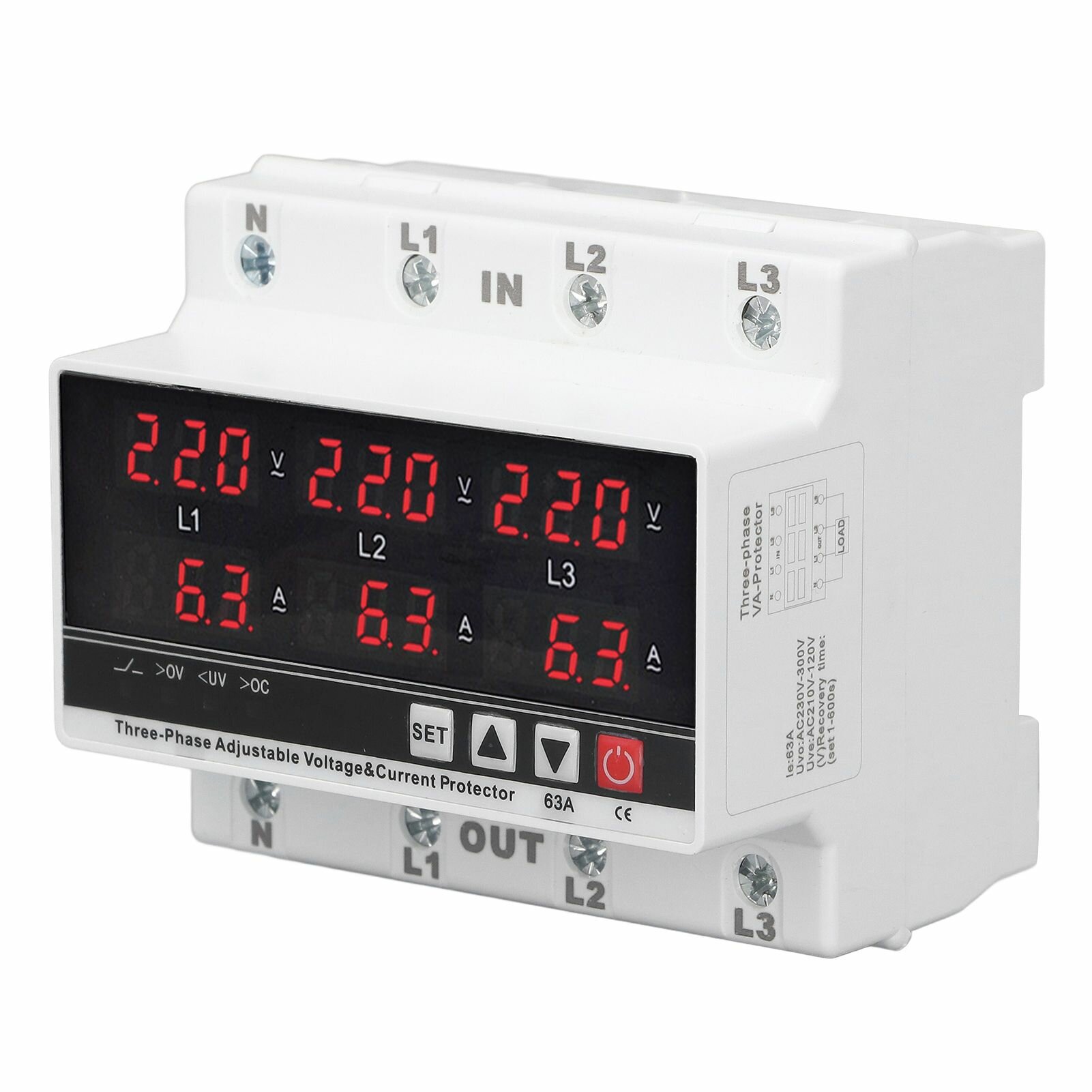 3-фазная защита от перегрузки по току переменного тока, 120 300 В, 63 А, 3- и 4-проводная, регулируемый монтаж на DIN-рейку, высококачественная защита от пониженного напряжения