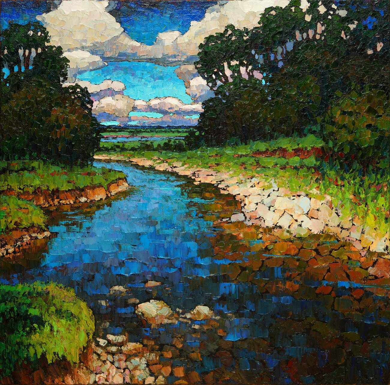 Картина мастихином, маслом в интерьер. Прохлада (с облаками). Художник Веселовский В. Холcт, маслo. 81х80см.