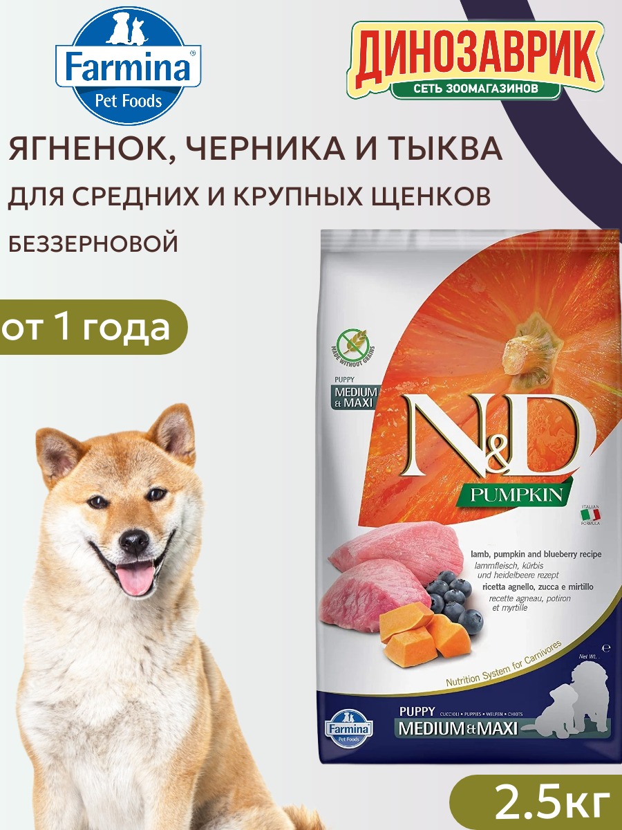 Сухой корм Farmina N&D Pumpkin беззерновой, с ягненком, черникой и тыквой для щенков средних и крупных пород 2,5 кг