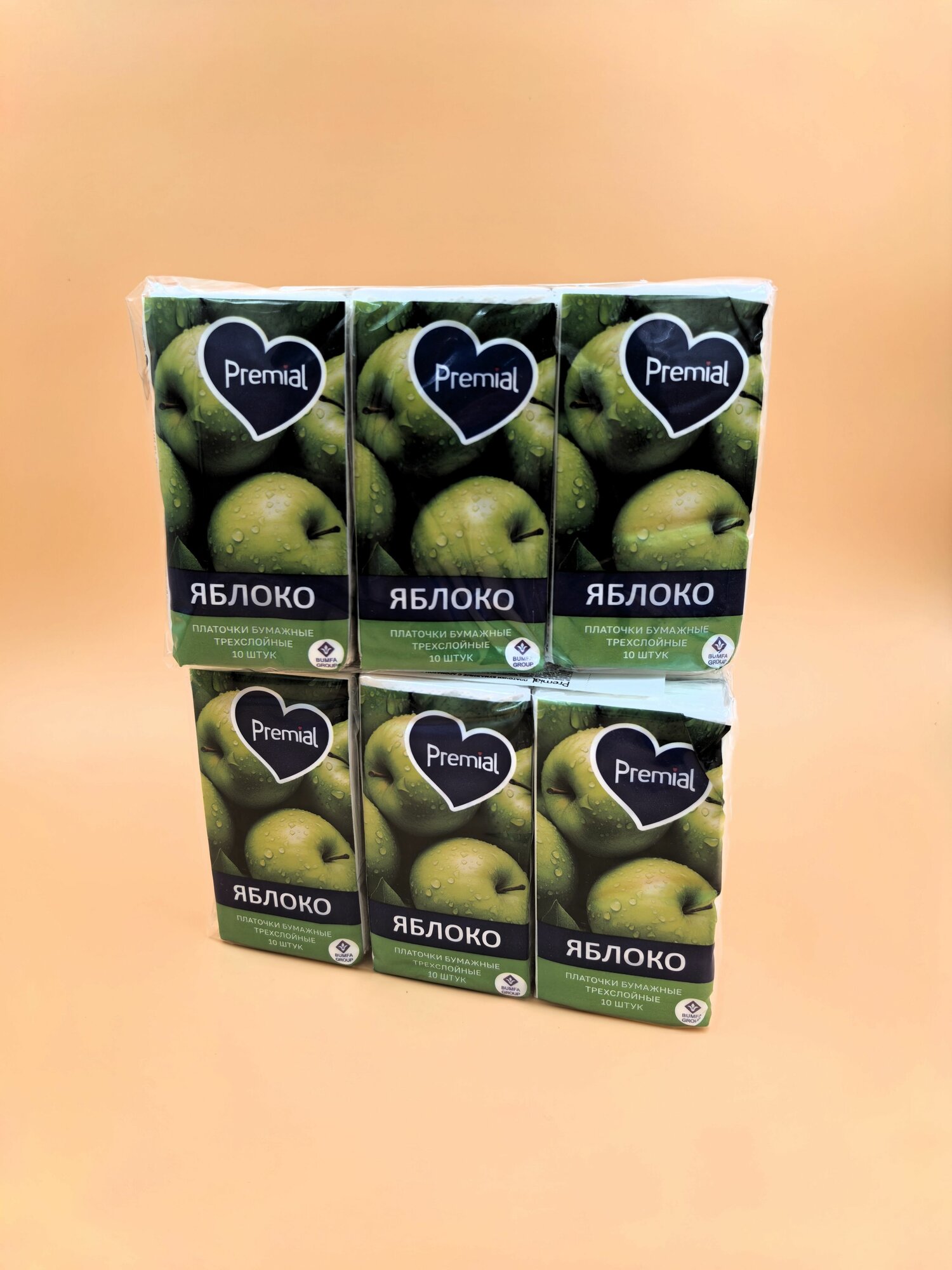 Платочки бумажные PREMIAL 3-х слойные Яблоко 12 уп по 10 платочков