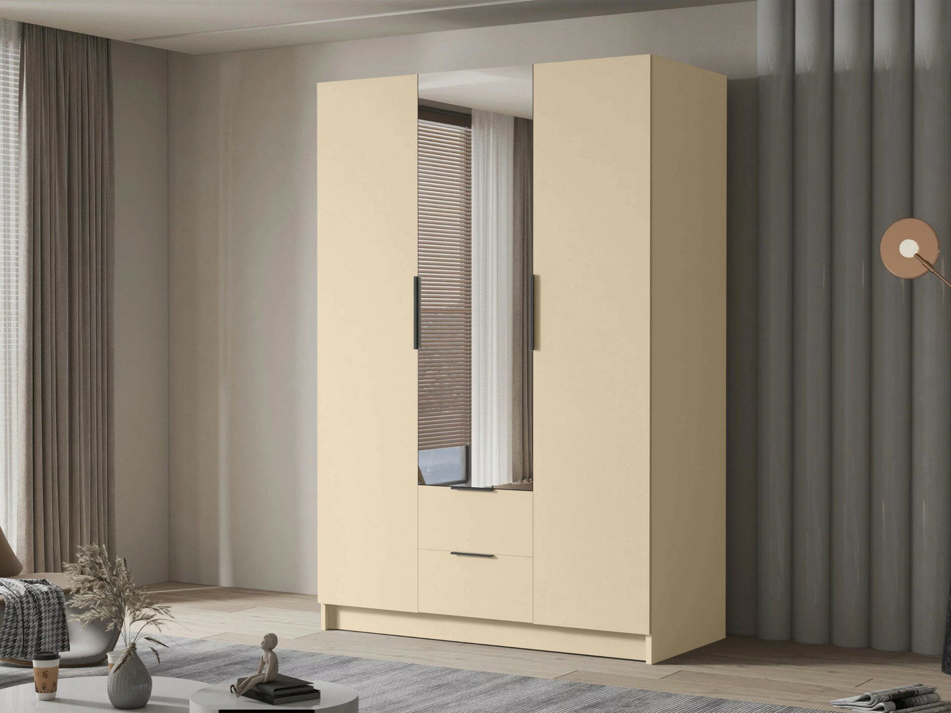 Распашной трехсекционный шкаф Эмма (с зеркалом и 2 ящиками) c черными ручками Бежевый 2077 PE NOW 170*45*220 см Фиеста