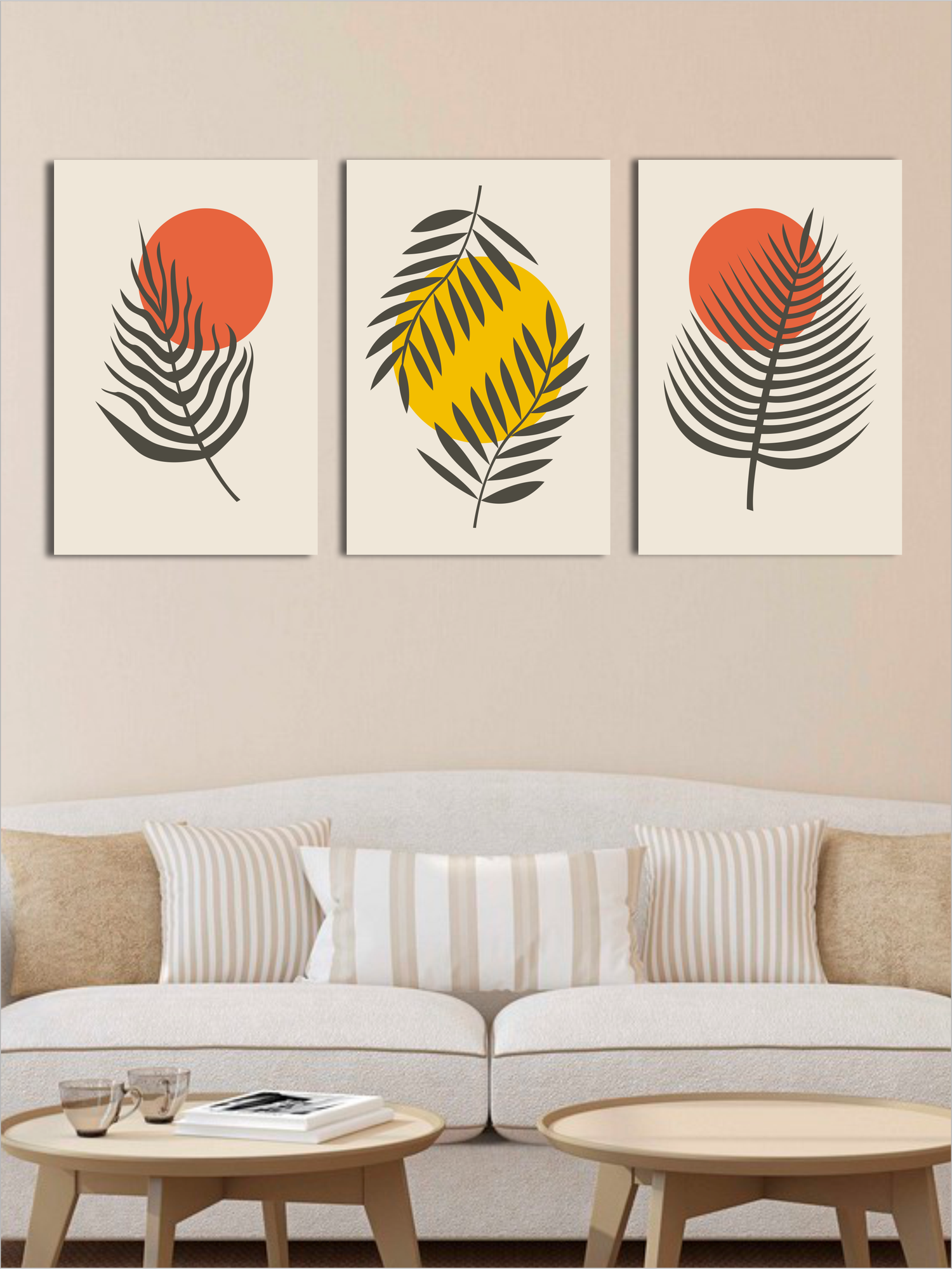 Модульная картина для интерьера на стену минимализм. Тропические листья и солнце 40х60 см - 3 штуки на холсте на подрамнике