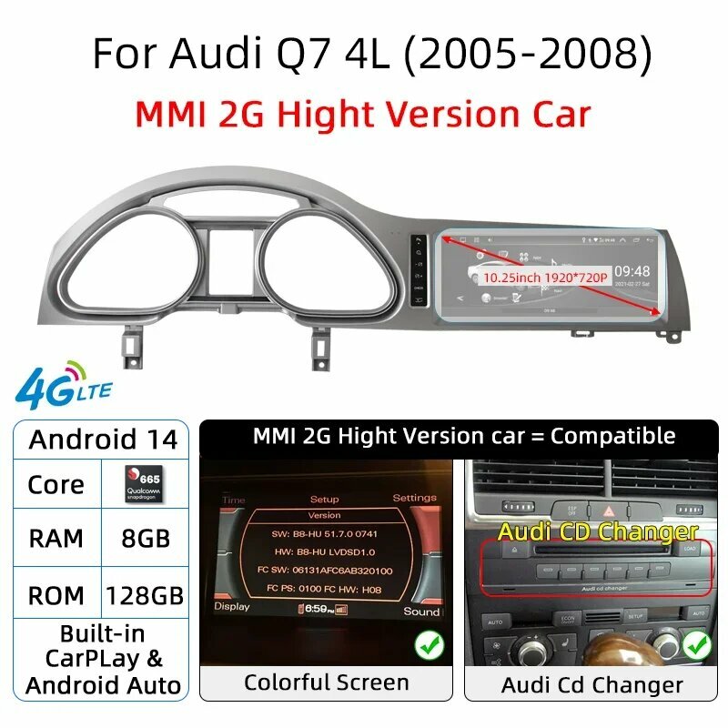 Android 14, автомобильный радиоприемник, экран Carplay для Audi Q7 4L 2005-2015 MMI 2G 3G GPS Navi с задней камерой, автомобильный мультимедийный DSP Q8G128 MMI 2G 05-08