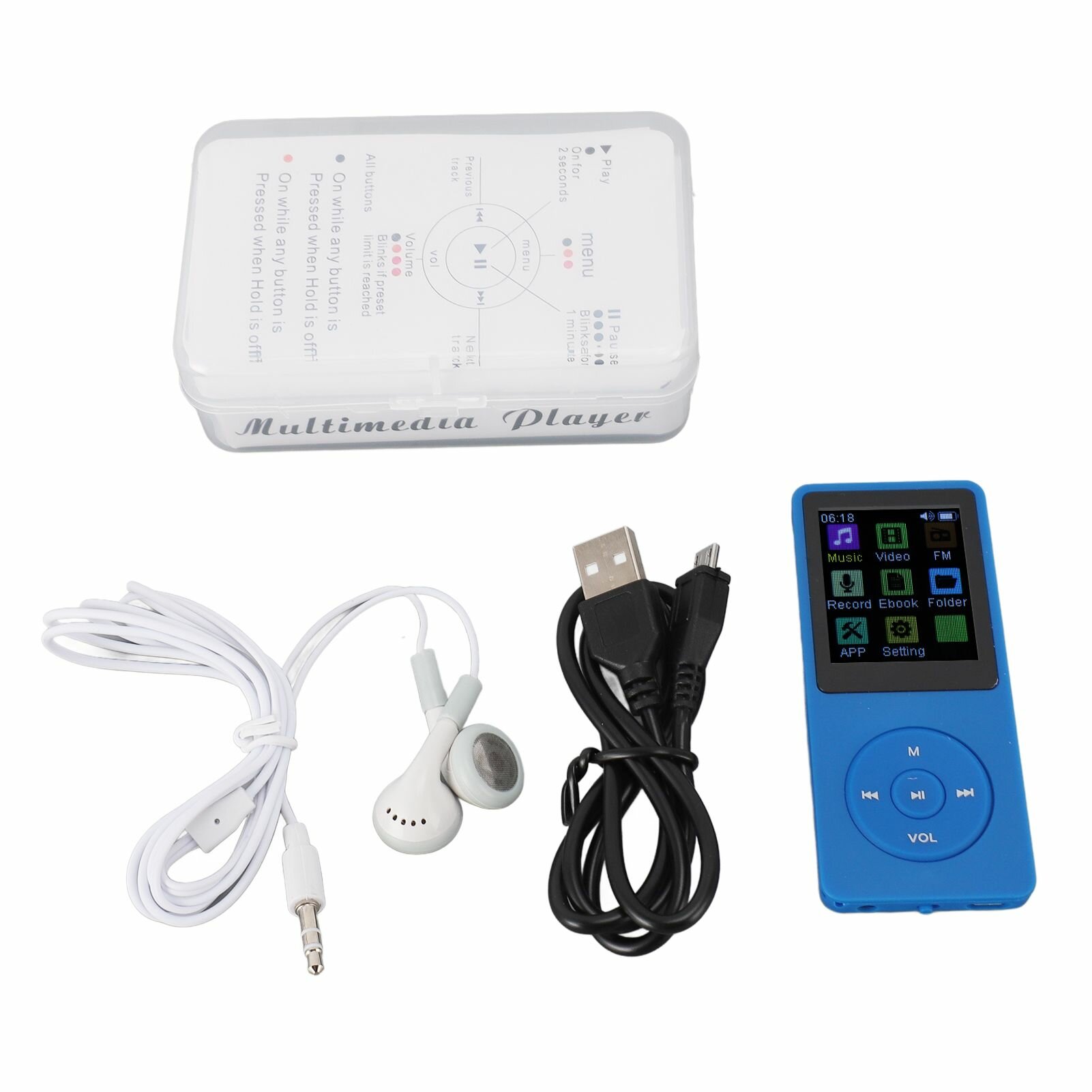 MP3-плеер с функцией записи голоса и воспроизведения видео по Bluetooth, музыкальный проигрыватель с экраном TFT 1,82 дюйма, синий, без памяти