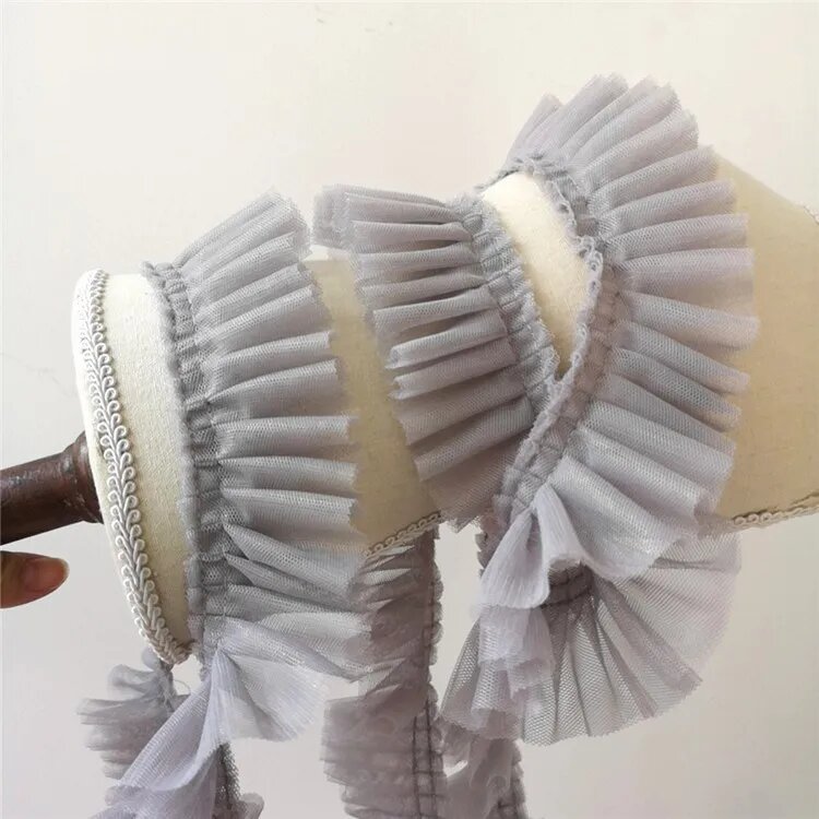 Полиэстер сетчатая ткань с рюшами 5 см Белый, soot