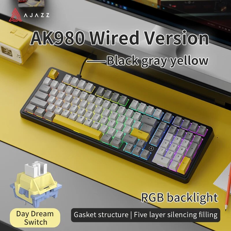 AJAZZ AK980 Wired Mechanical Keyboard Hot Swap Gasket RGB Low Noise Ergonomics Office Gaming Keyboard Customized PC Accessories