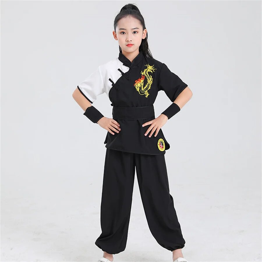 Детские костюмы для боевых искусств, комплект для мальчиков, униформа кунг-фу, детская китайская одежда, костюм для девочек-тай-чи, детские комплекты для ушу Черный, 170 fit 160 -170cm, top and pant