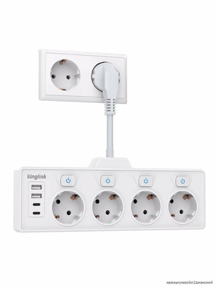 Розетка-удлинитель EU 8-в-1 Белая матовая: 4 EU + 2 USB-A + 2 Type-C, 3680Вт, 50см кабель (180 ), выключатель
