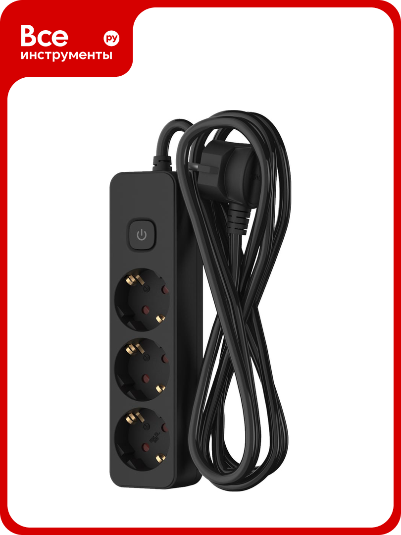 Сетевой удлинитель фотон 16-33ЕS, 3м, 3 розетки, 16А, с выключателем, с заземлением, Черный 24755 прочной конструкции