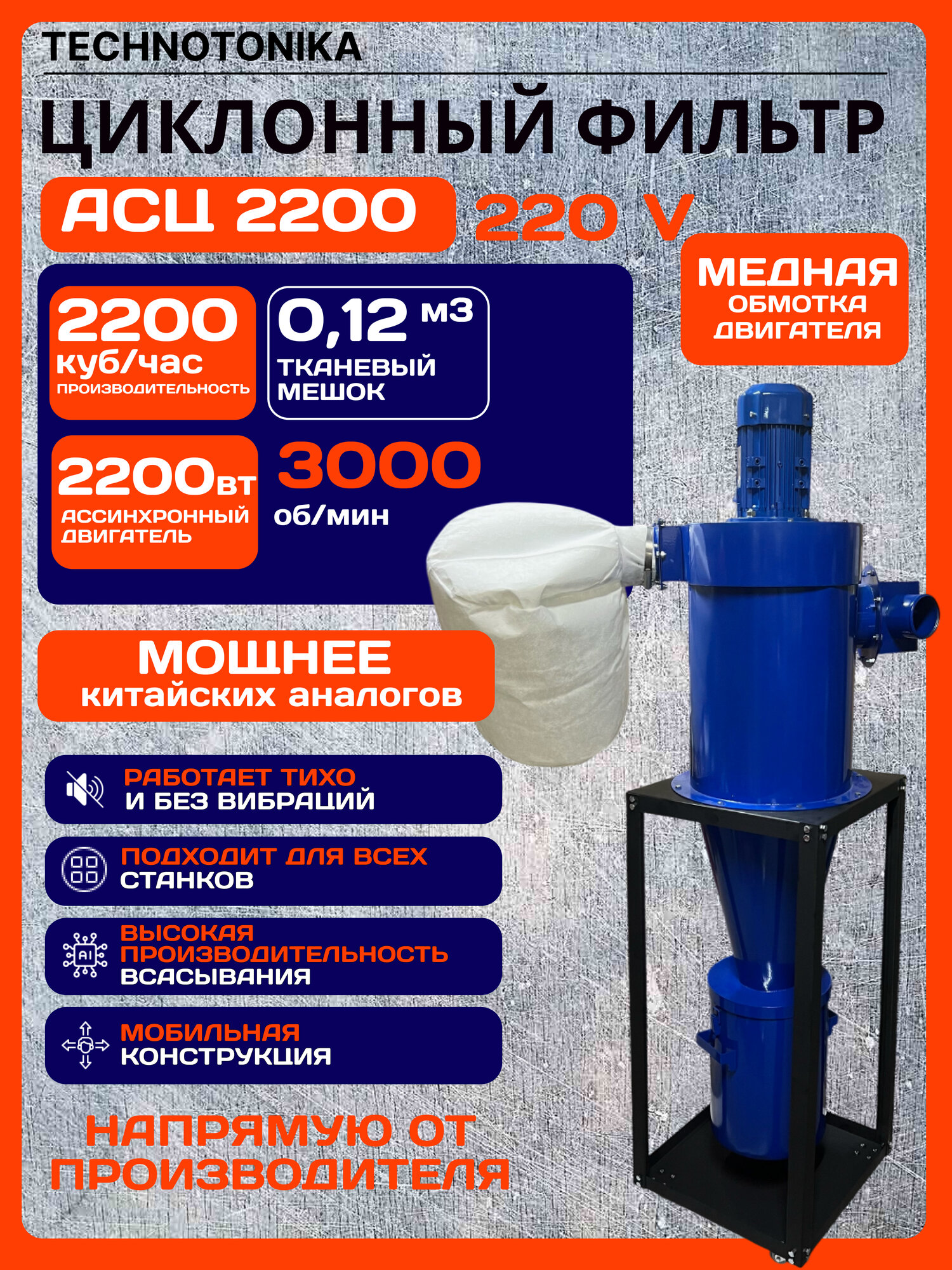 Циклон фильтр (стружкоотсос) TECHNOTONIKA АСЦ-2200 2.2 кВт 220v
