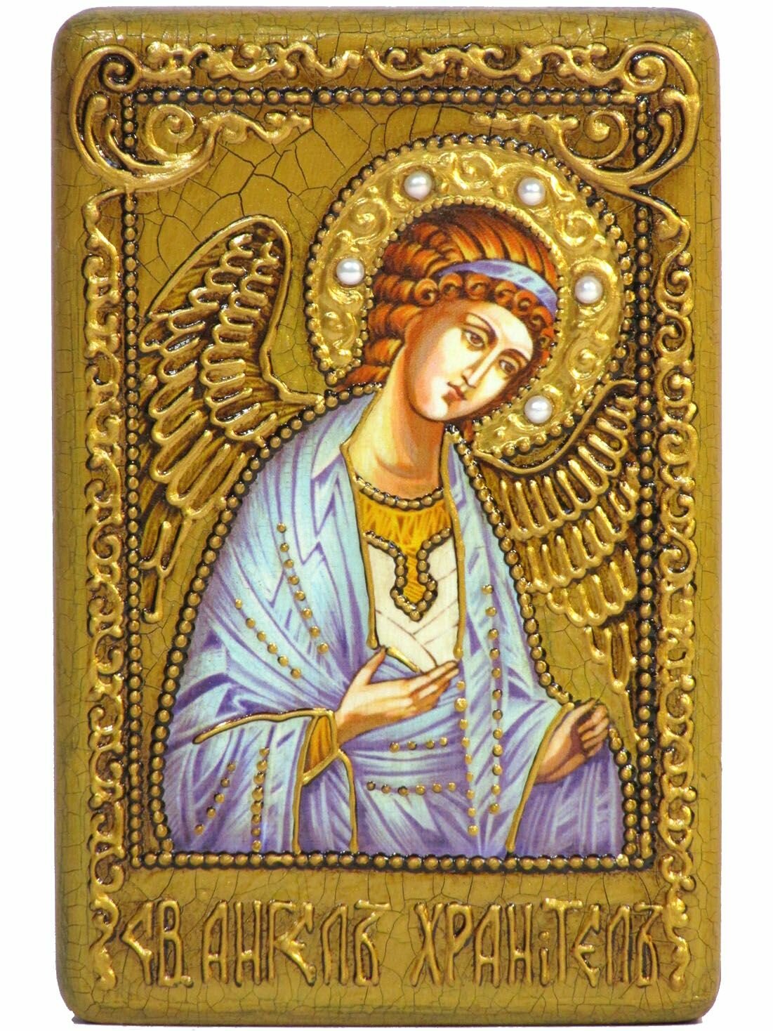 Настольная икона Ангел Хранитель на доске из черного дуба 10х15 см