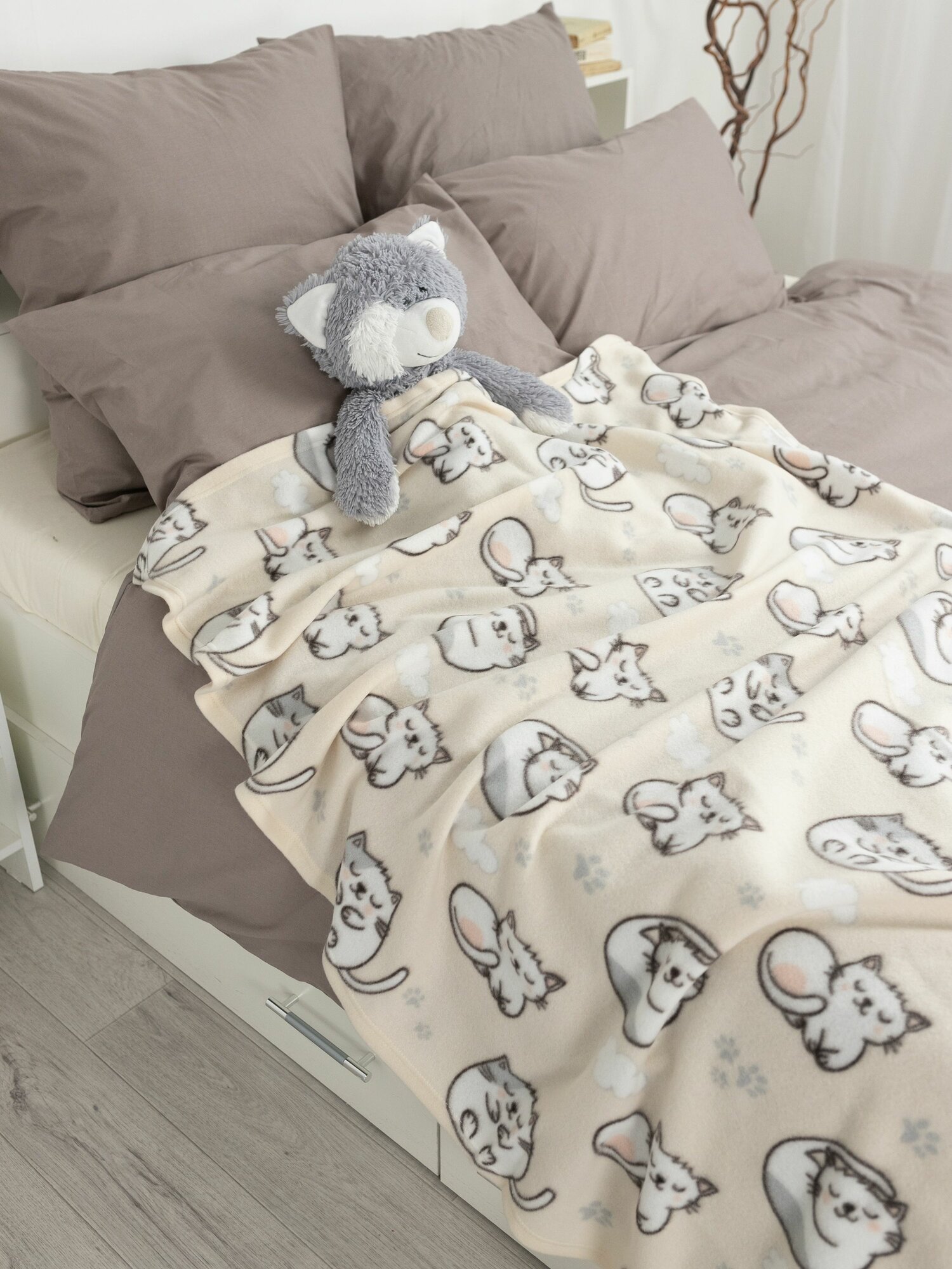 Плед детский котики мягкий флисовый Wellness 130х150 см кремовый