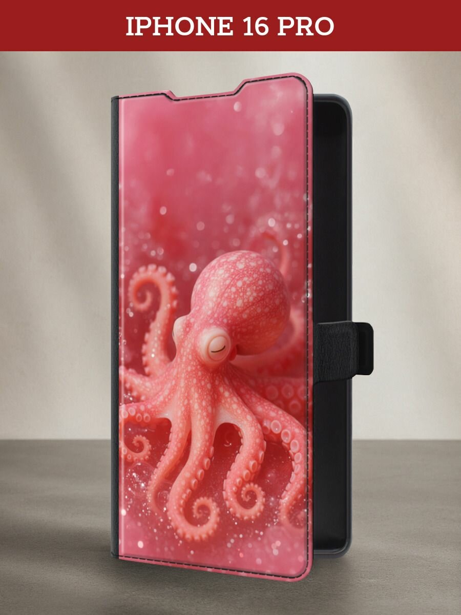 Чехол-книжка на Apple iPhone 16 Pro / Айфон 16 Про с принтом Сонный осьминог, черный