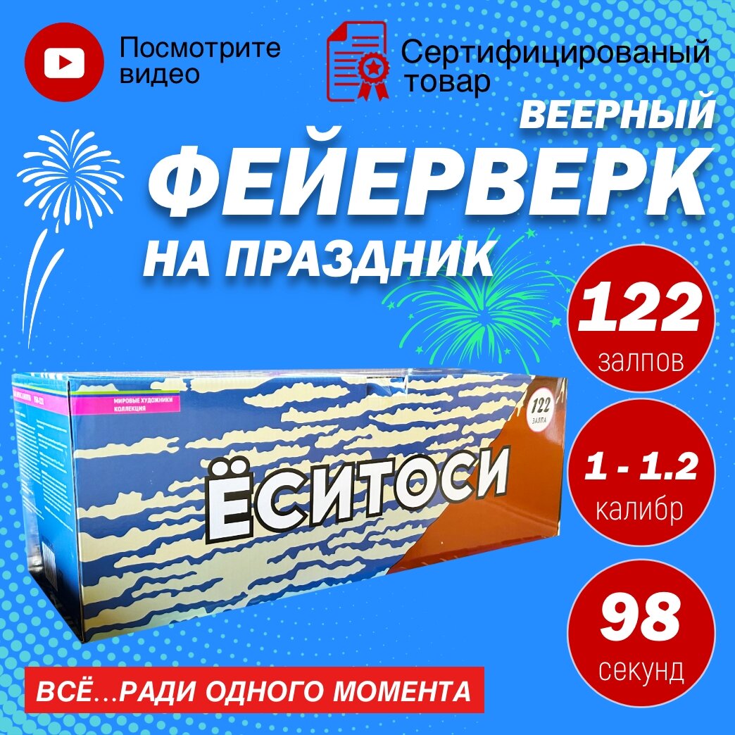 Салют Веерный Ёситоси 122 мощных залпа, разнокалиберный фейерверк