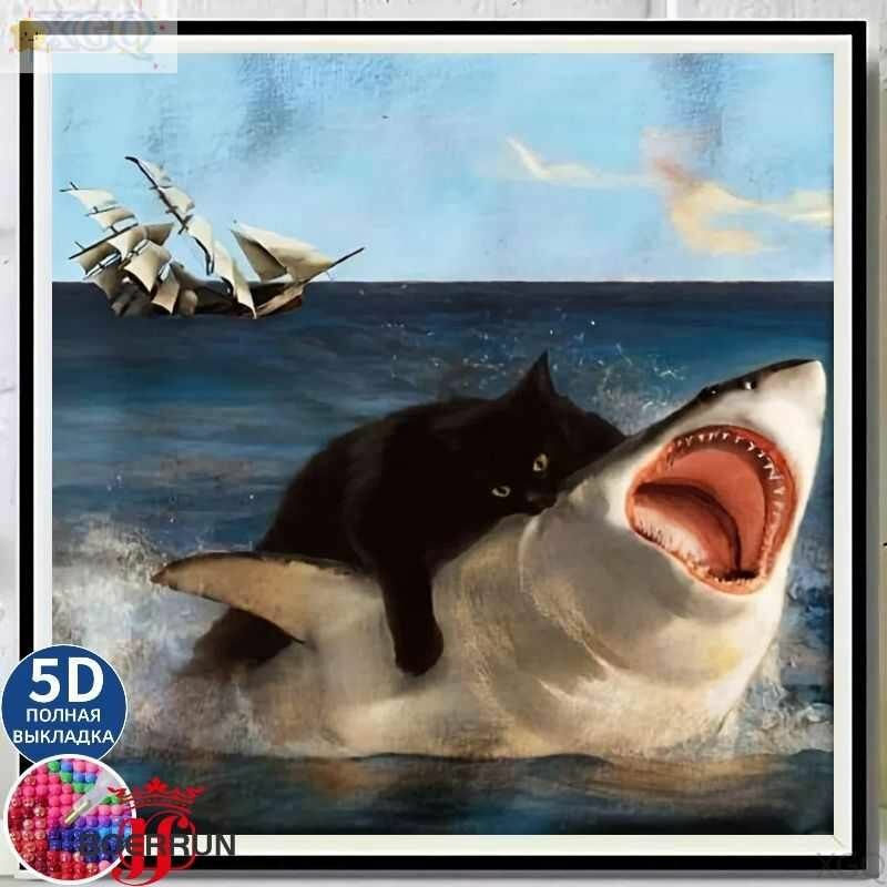 Алмазная мозаика "Кошка и акула" / Алмазная вышивка / Круглая картина стразами Полная выкладка 45х45CM(без подрамника, без рамки)XGQ