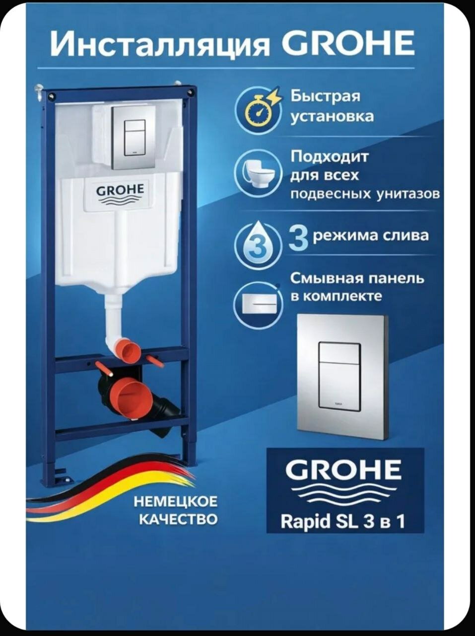 Grohe Rapid SL 3в1 38772001 инсталляция для подвесного унитаза, с квадратной клавишей-Хром