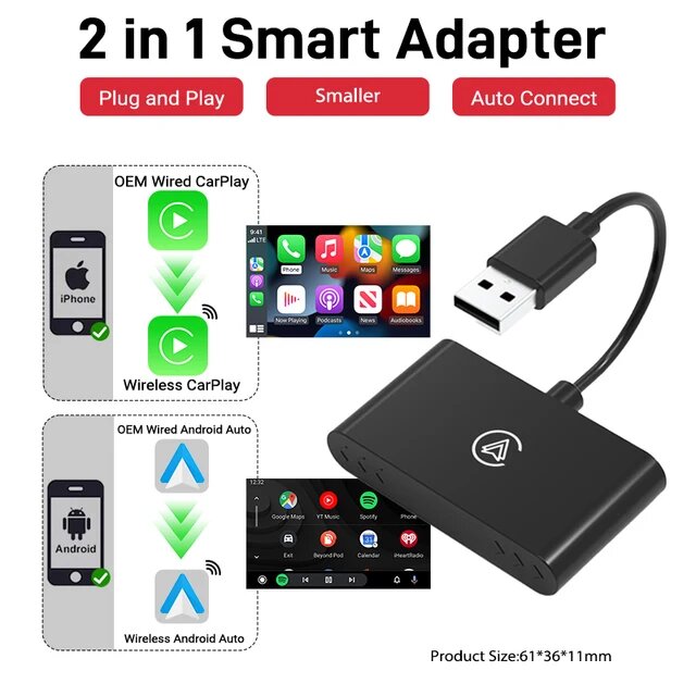 Проводной адаптер CarPlay и беспроводной смарт-донгл Android Auto 2-в-1: быстрое подключение, подключи и работай, совместим с Toyota, Mazda, Mercedes-Benz и Audi.